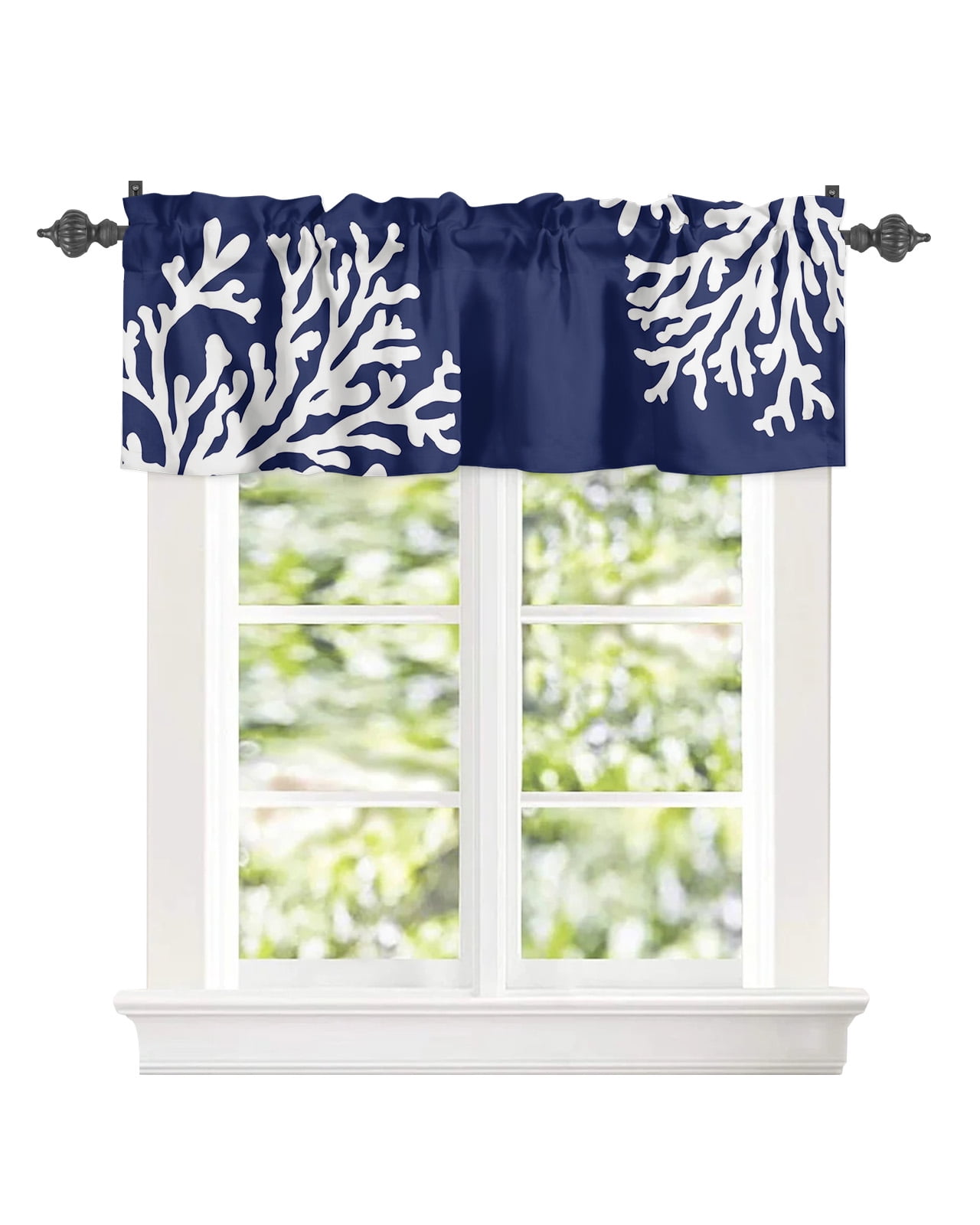 Ocean Themed White Coral Navy Rod Pocket Valance Window Curtains,Marine ... Ocean Themed White Coral Navy Rod Pocket Valance Window Curtains,Marine ...