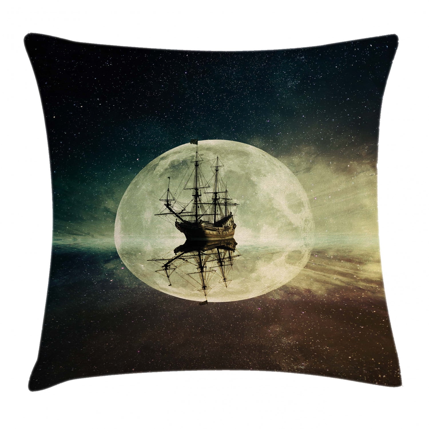 Ocean Throw Pillow Cushion Cover, Vintage Old Ship on Sea Moonlight Starry Night Sky Adventure ...