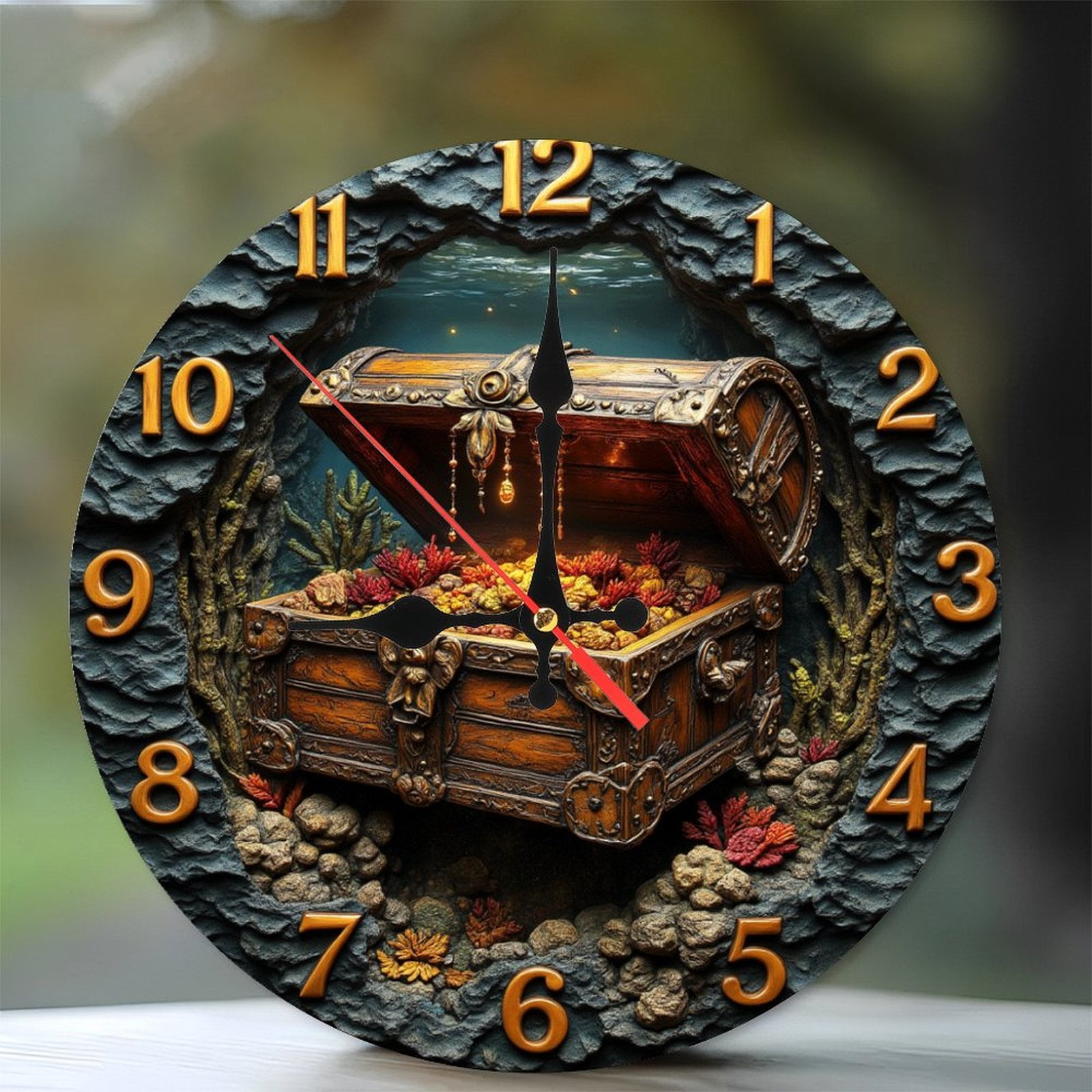 Ocean Treasure Chest Wall Clock Underwater Decor 10-Inch Silent Wooden ...