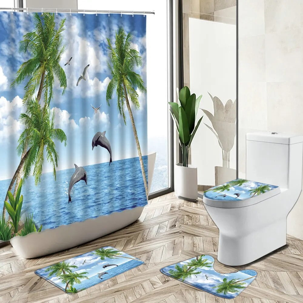 Ocean Tropical Green Plant Scenery Shower Curtain Palm Tung Tree ...