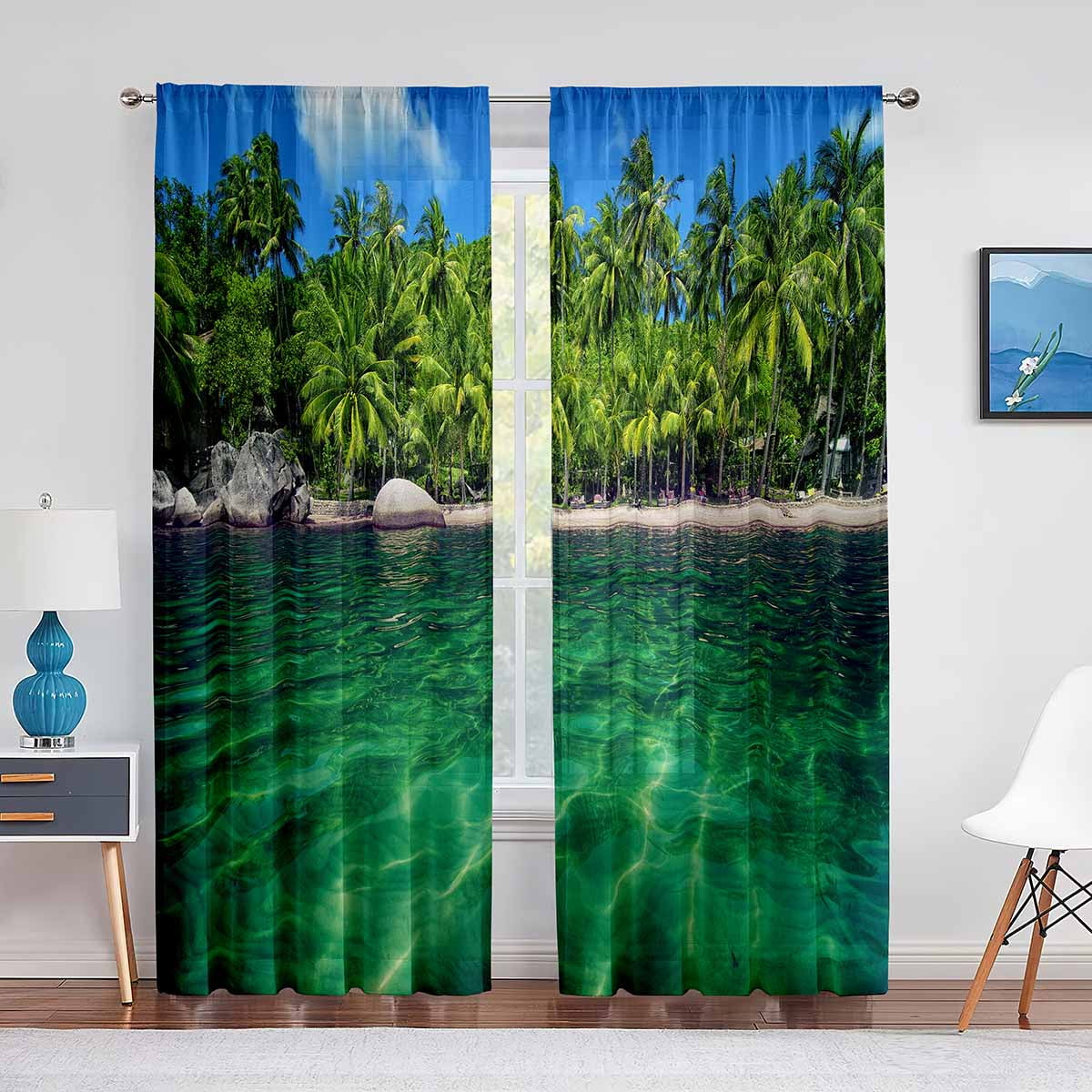 Ocean Tropical Island Scenic Sheer Voile Curtain Beach Palm Tree Window ...