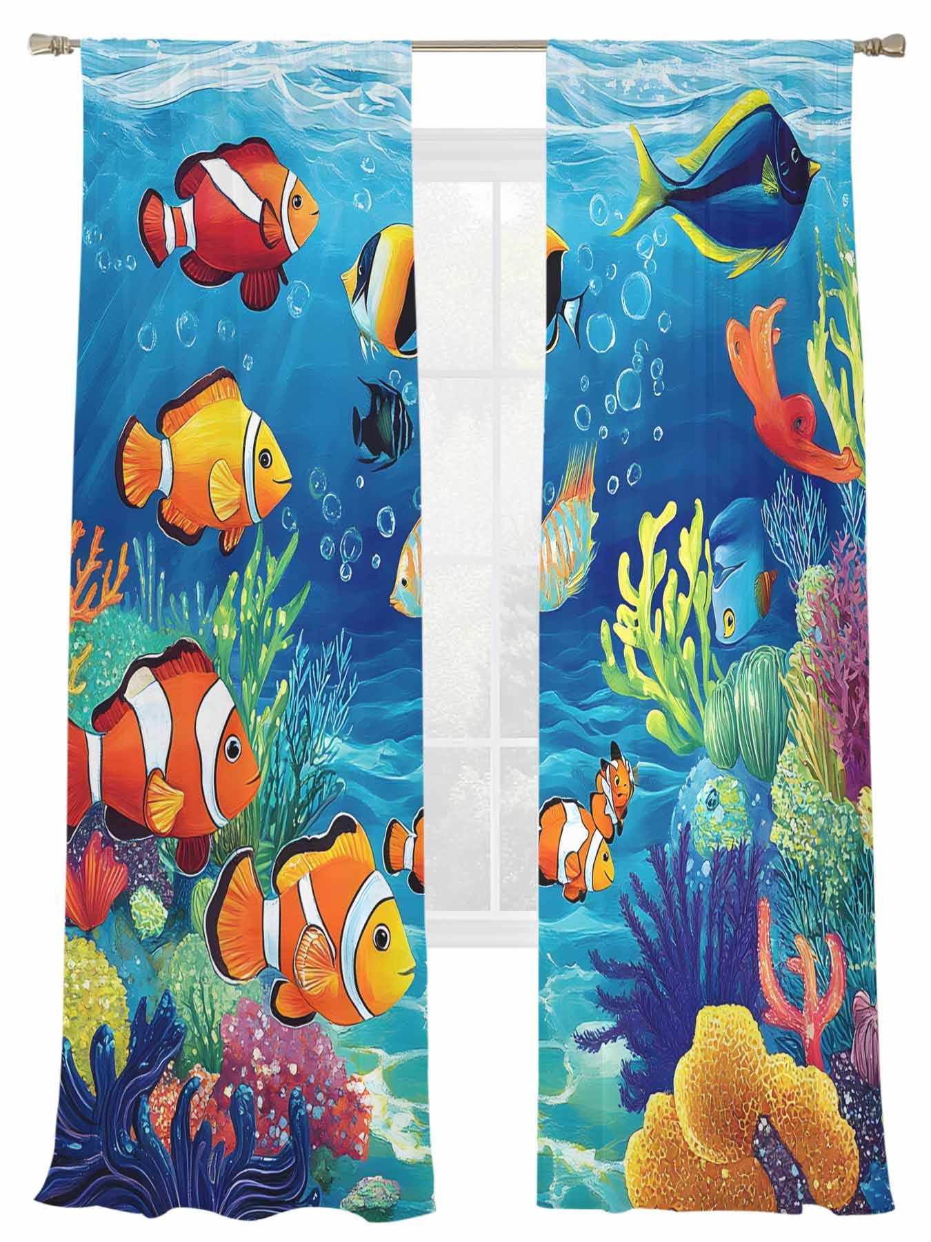 Ocean Tropical Sheer Curtains 2 Panels Set Marine Life Colorful ...
