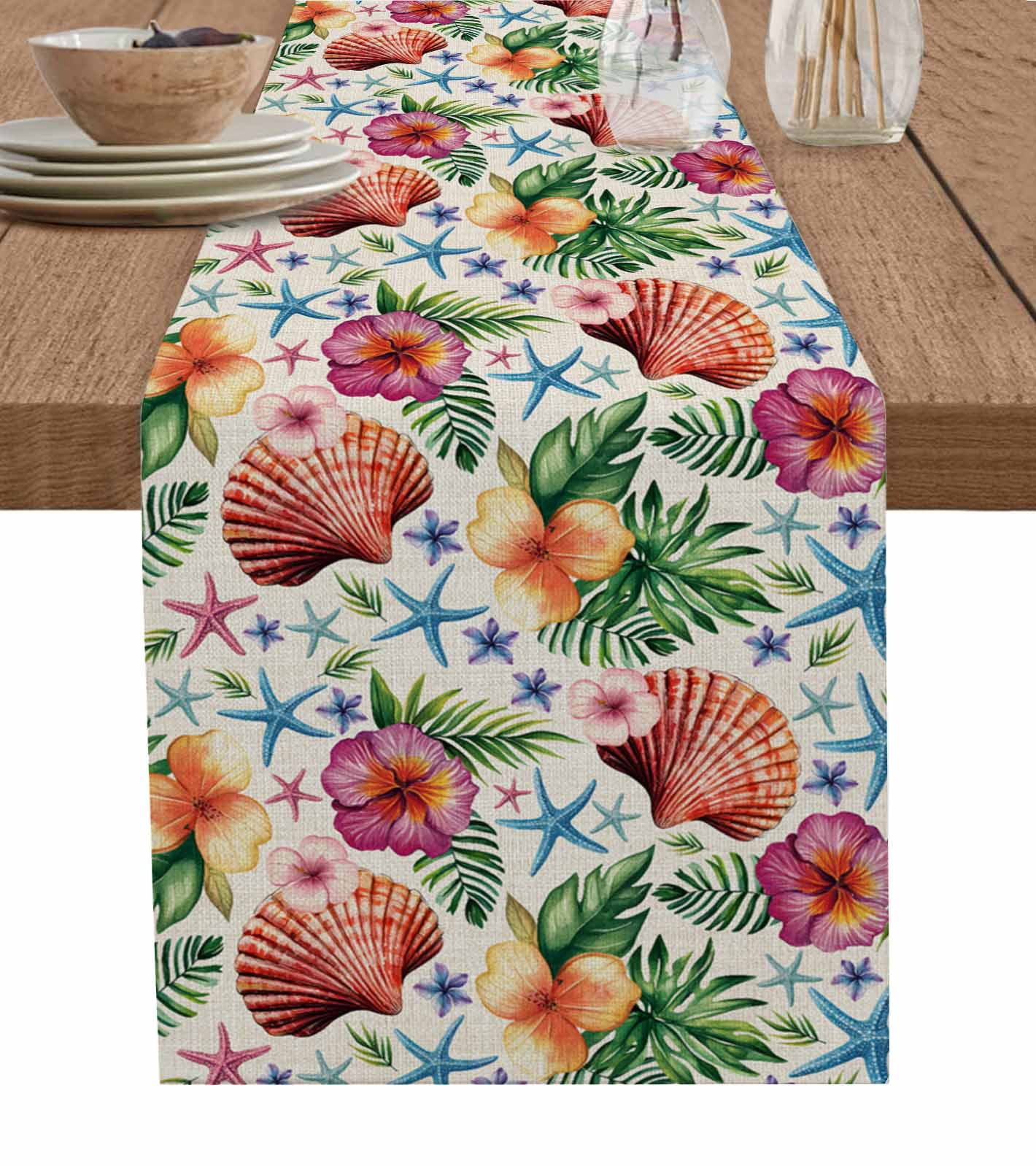 Ocean Tropical Table Runner 120 Inches, Coastal Green Palm Leaf Blue ...