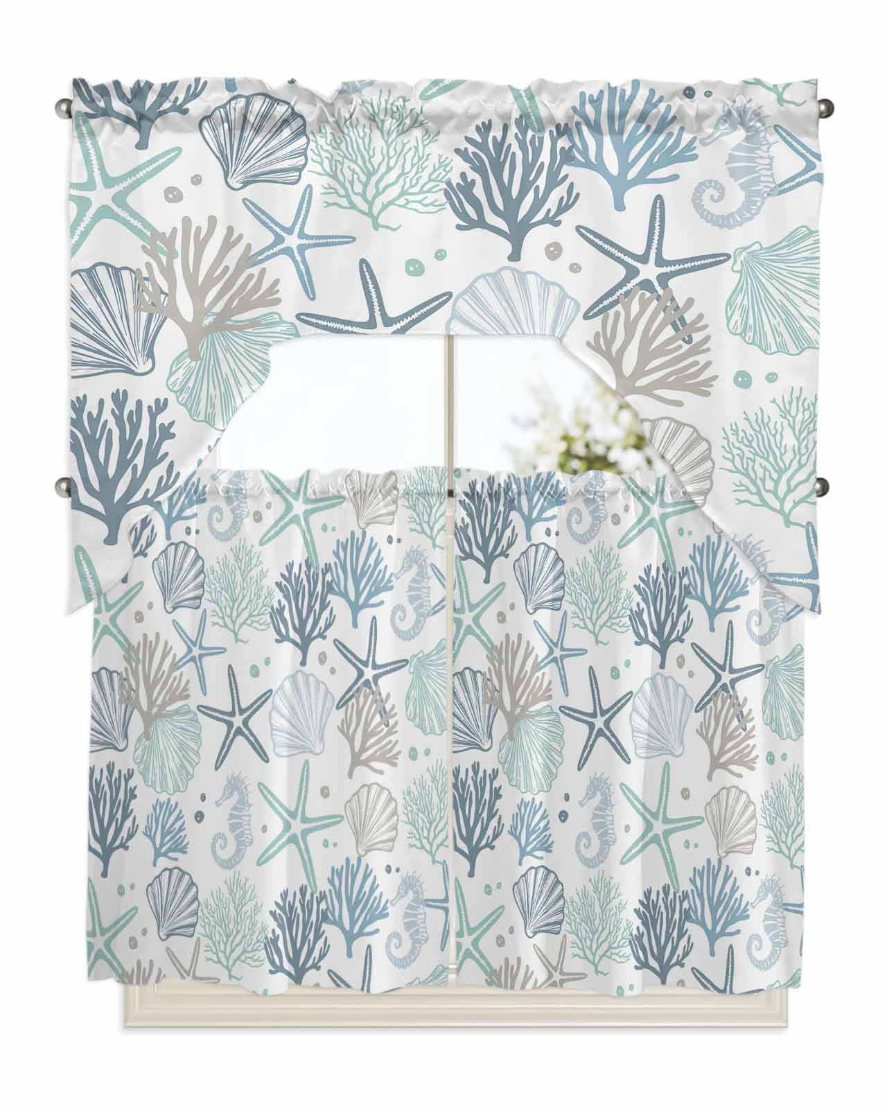 Ocean Turquoise Swag Valance and Tier Curtains 36'' Length Set, Coastal ...