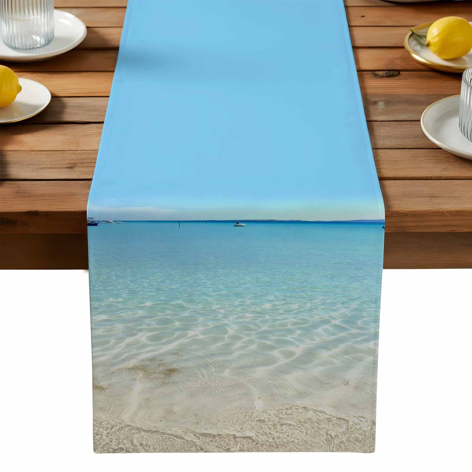 Ocean Turquoise Waves Table Runner, Seaside Beach Blue Sky Boat Kitchen ...