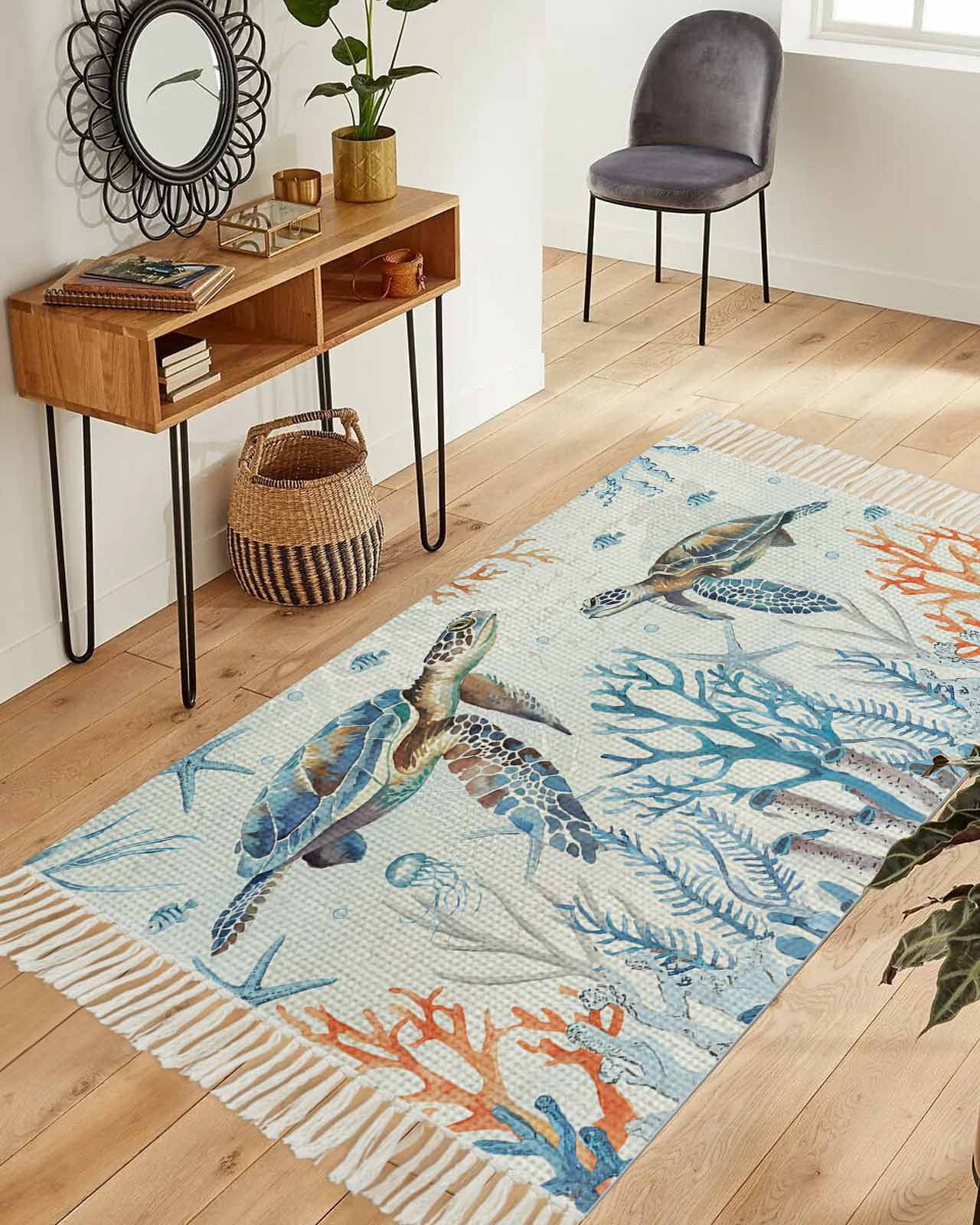 Ocean Turtle Area Rug 3x5ft Woven Runner Rug,Blue Coastal Coral ...