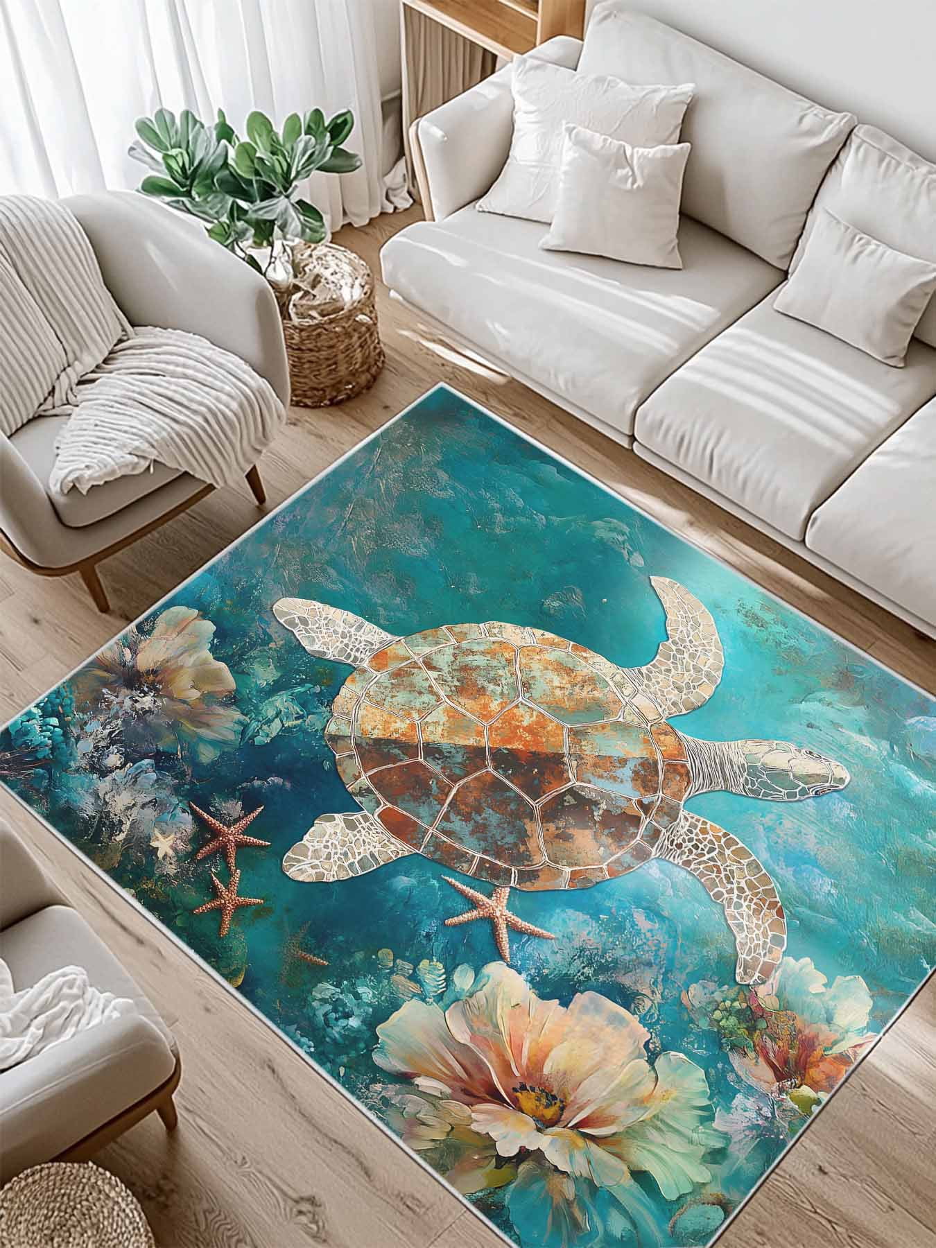 Ocean Turtle Area Rug for Bedroom 4x6 Ft Marine Life Retro Starfish ...