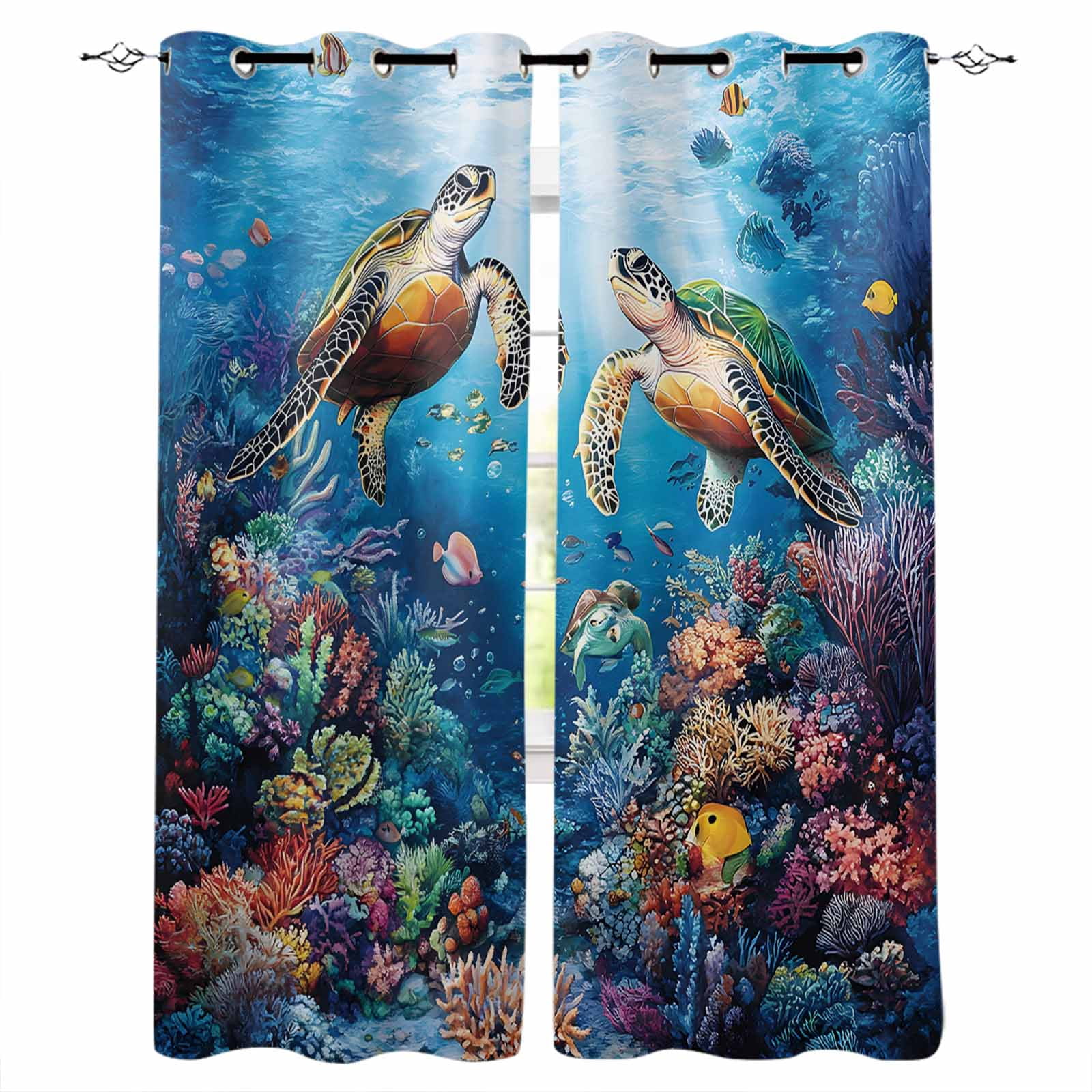 Ocean Turtle Blackout Curtains 54 Inches Long for Bedroom, Sea Coral ...
