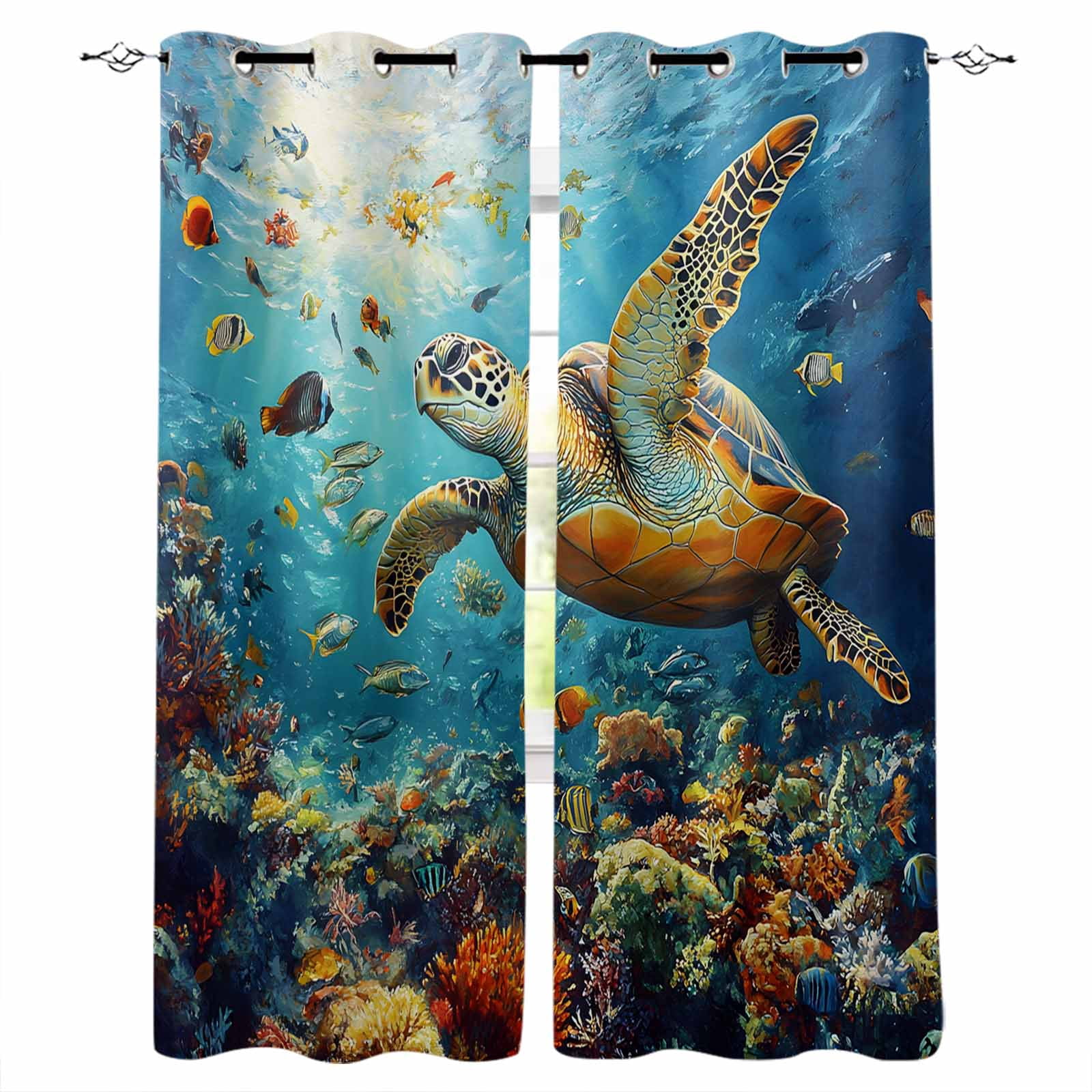 Ocean Turtle Blackout Curtains 84 Inches Long for Bedroom, Summer Beach ...