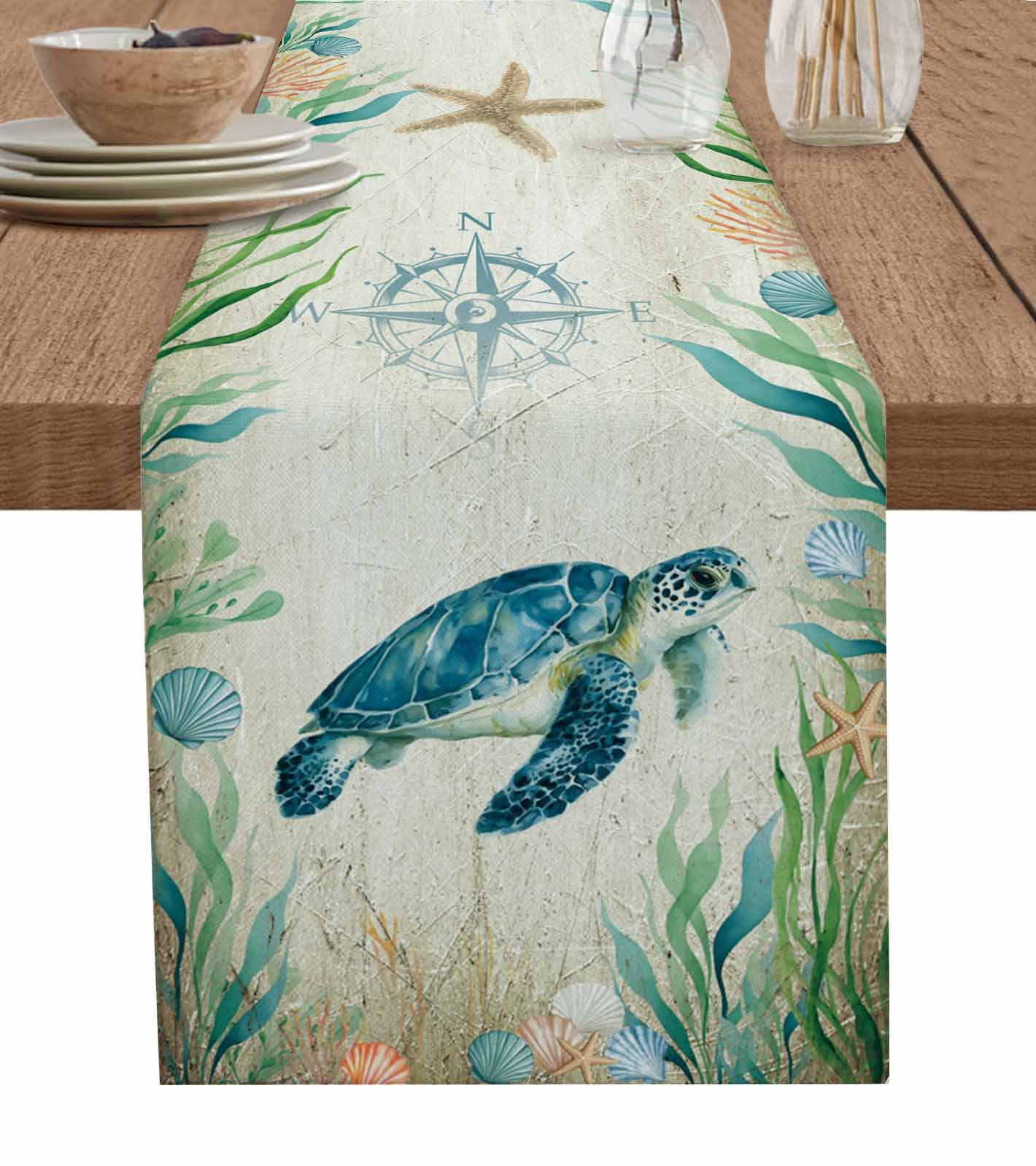 Ocean Turtle Burlap Cotton Table Runner 13x70 Inches Long, Coast ...