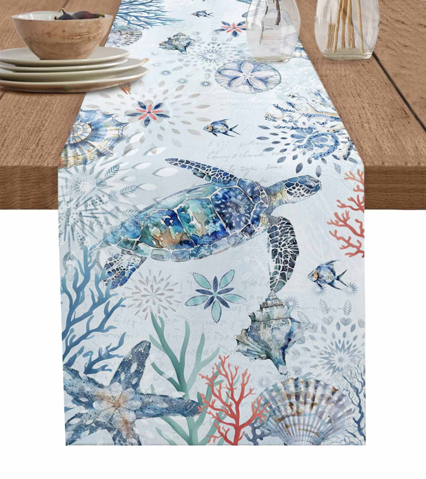 Ocean Turtle Burlap Cotton Table Runner 14x72 Inches Long, Summer ...