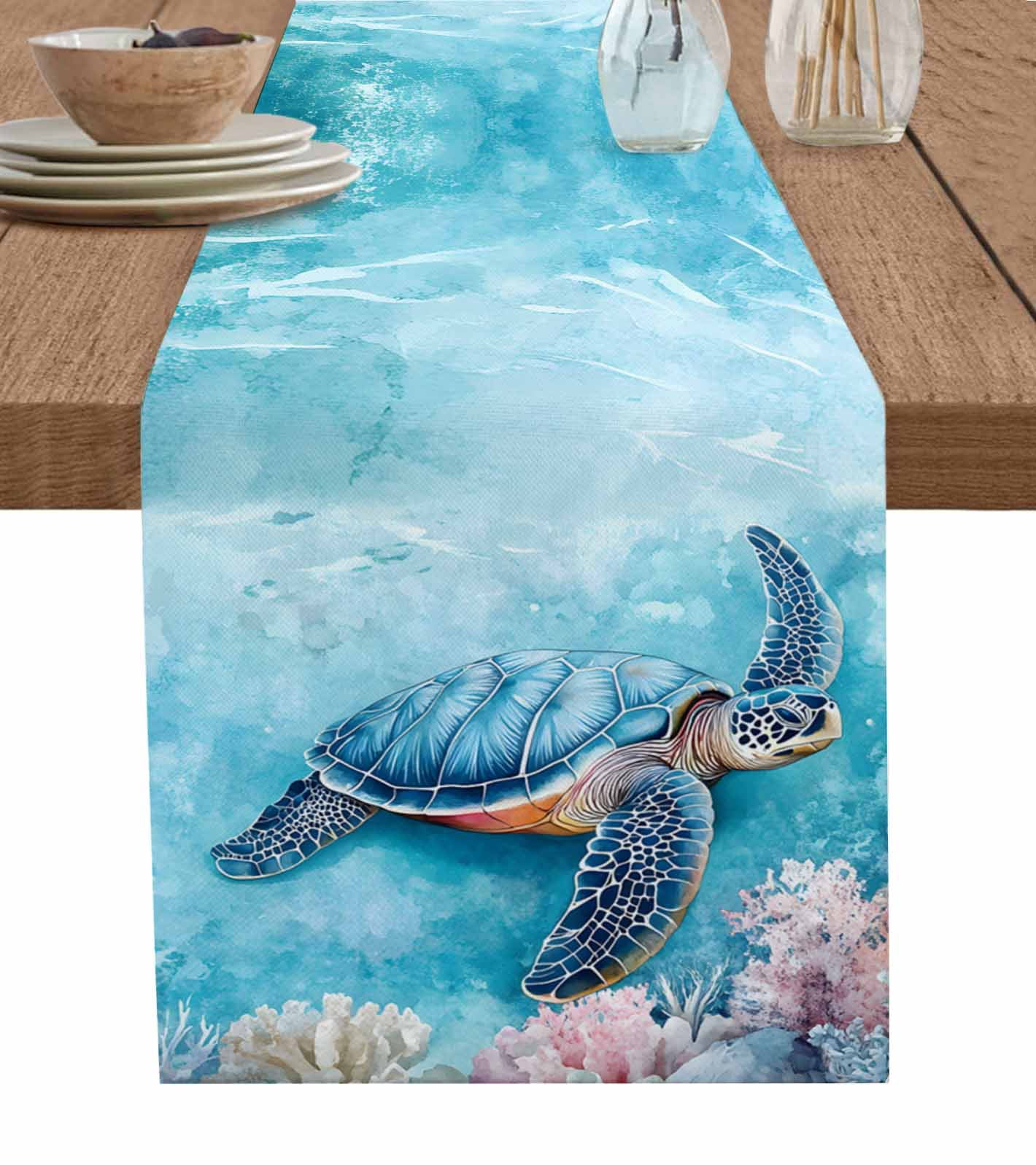 Ocean Turtle Burlap Cotton Table Runner 14x72 Inches Long, Underwater ...
