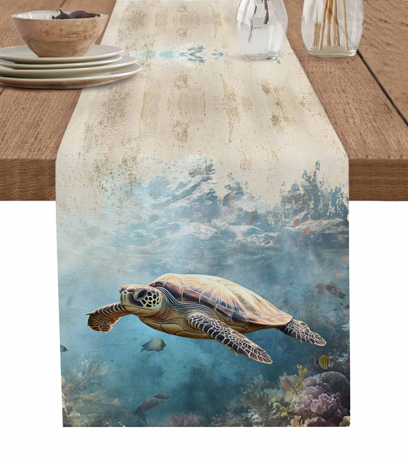 Ocean Turtle Burlap Cotton Table Runner 16x72 Inches Long, Retro Coral ...