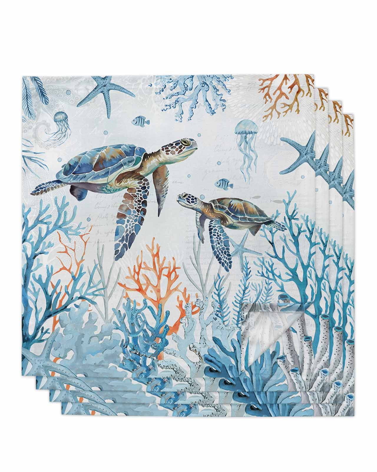 Ocean Turtle Cloth Napkins Washable Set of 4, Blue Coastal Coral ...