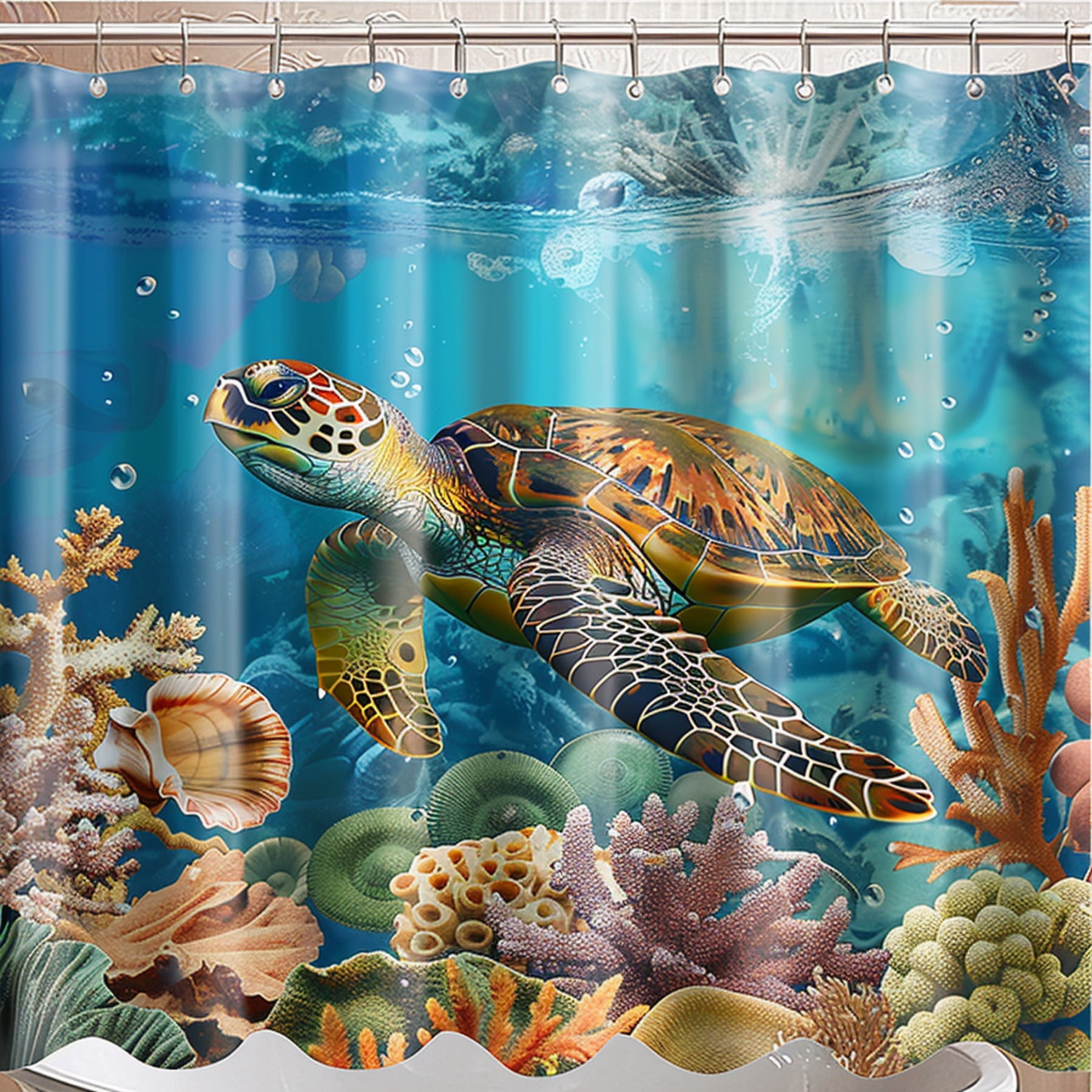 Ocean Turtle Coral Reef Seaweed Shower Curtain Bright Colors Underwater
