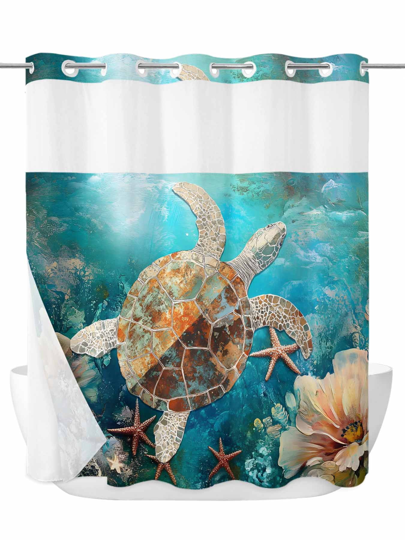 Ocean Turtle No Hook Shower Curtain and Liner Set Marine Life Retro ...