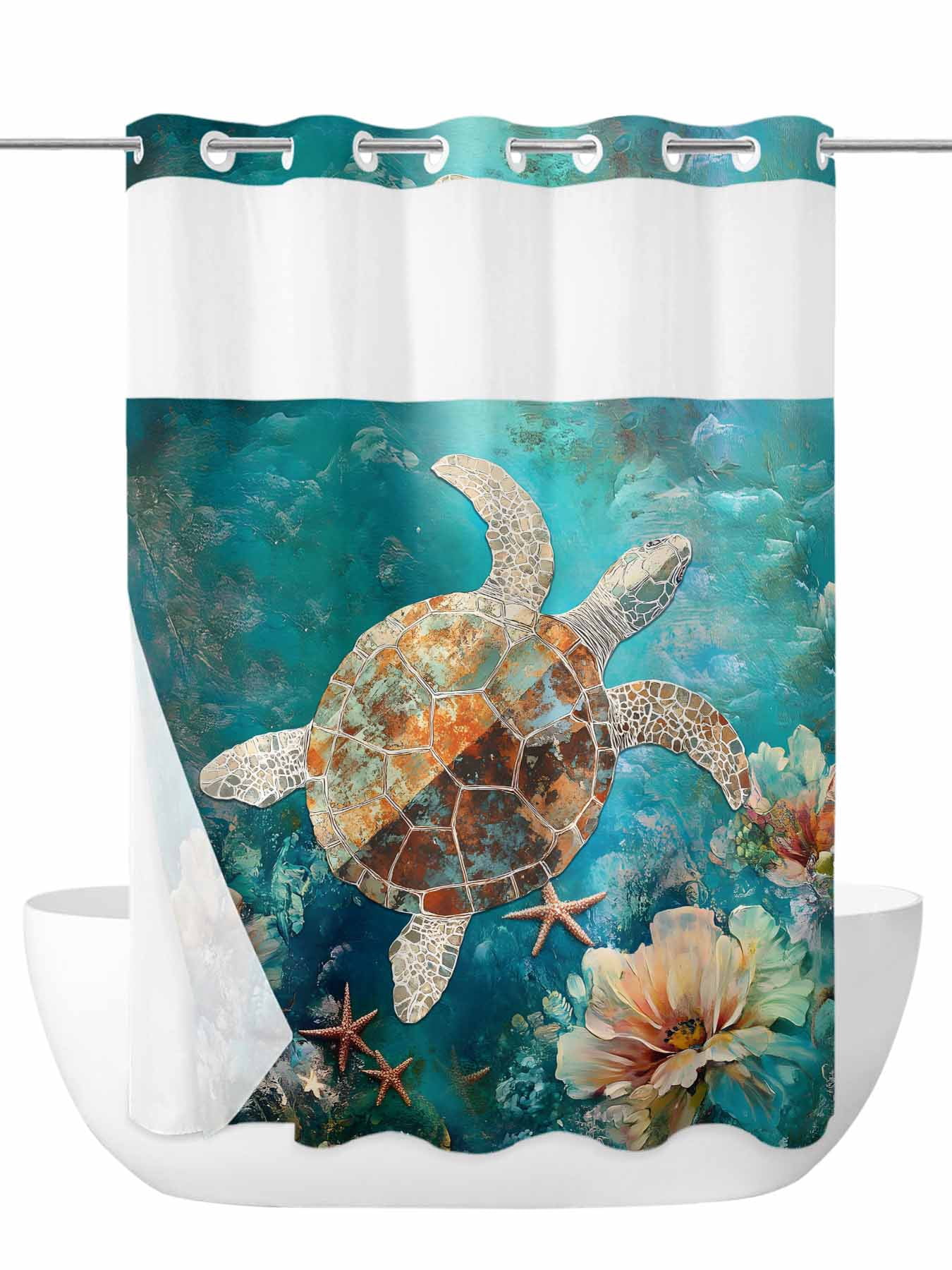 Ocean Turtle No Hook Shower Curtain and Liner Set Marine Life Retro ...