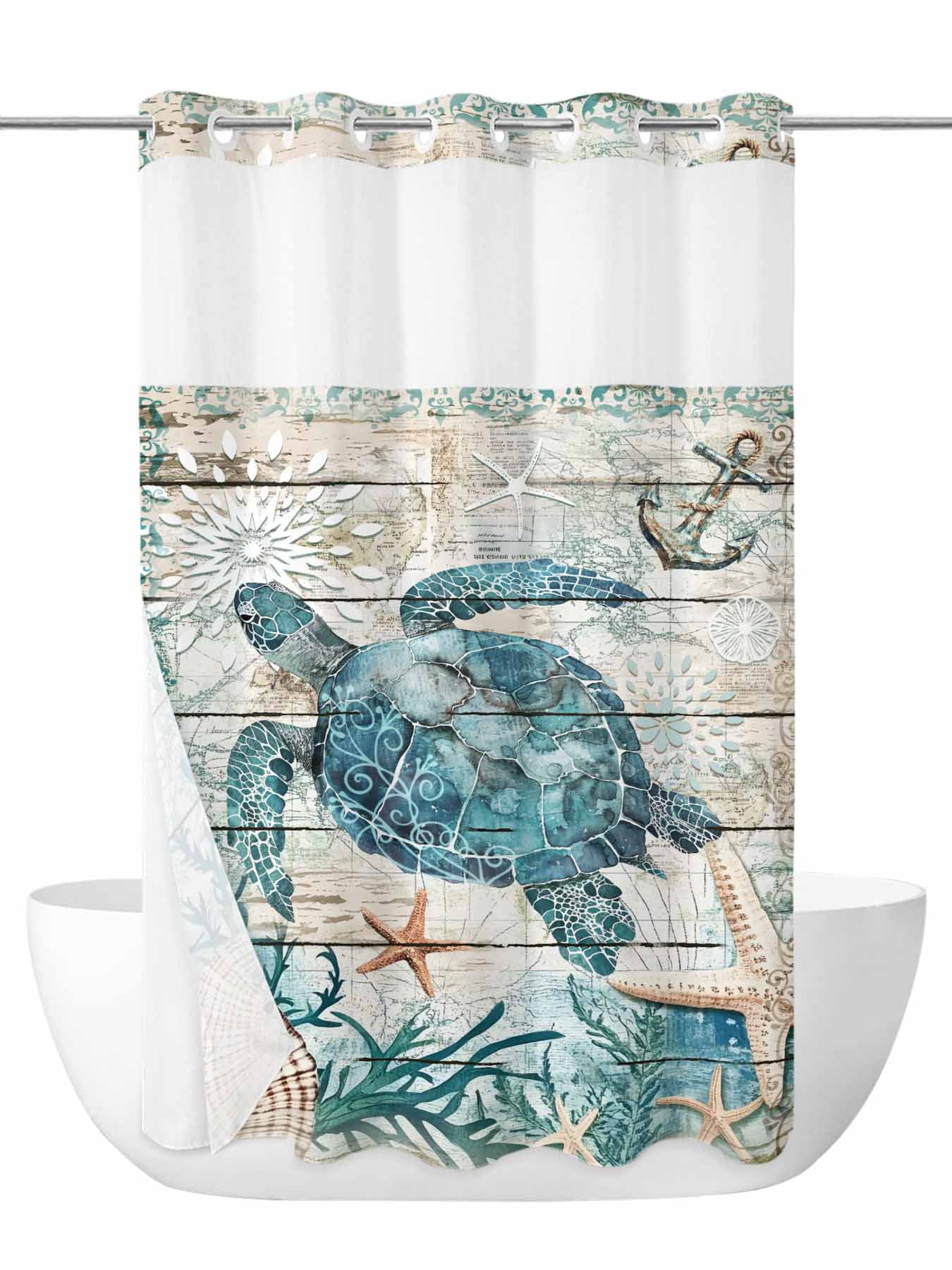 Ocean Turtle No Hook Shower Curtain and Liner Set Retro Coral Starfish ...