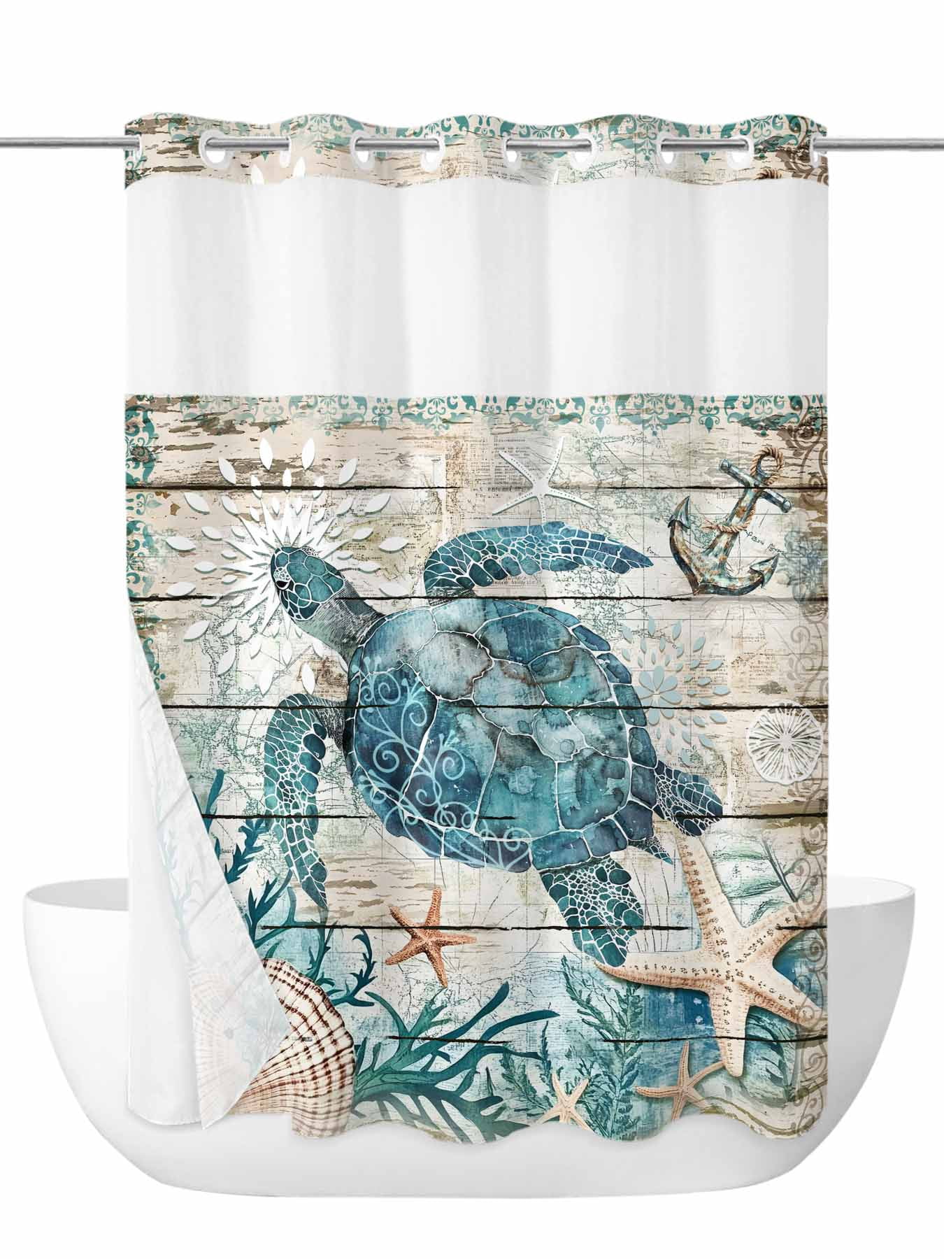 Ocean Turtle No Hook Shower Curtain and Liner Set Retro Coral Starfish ...