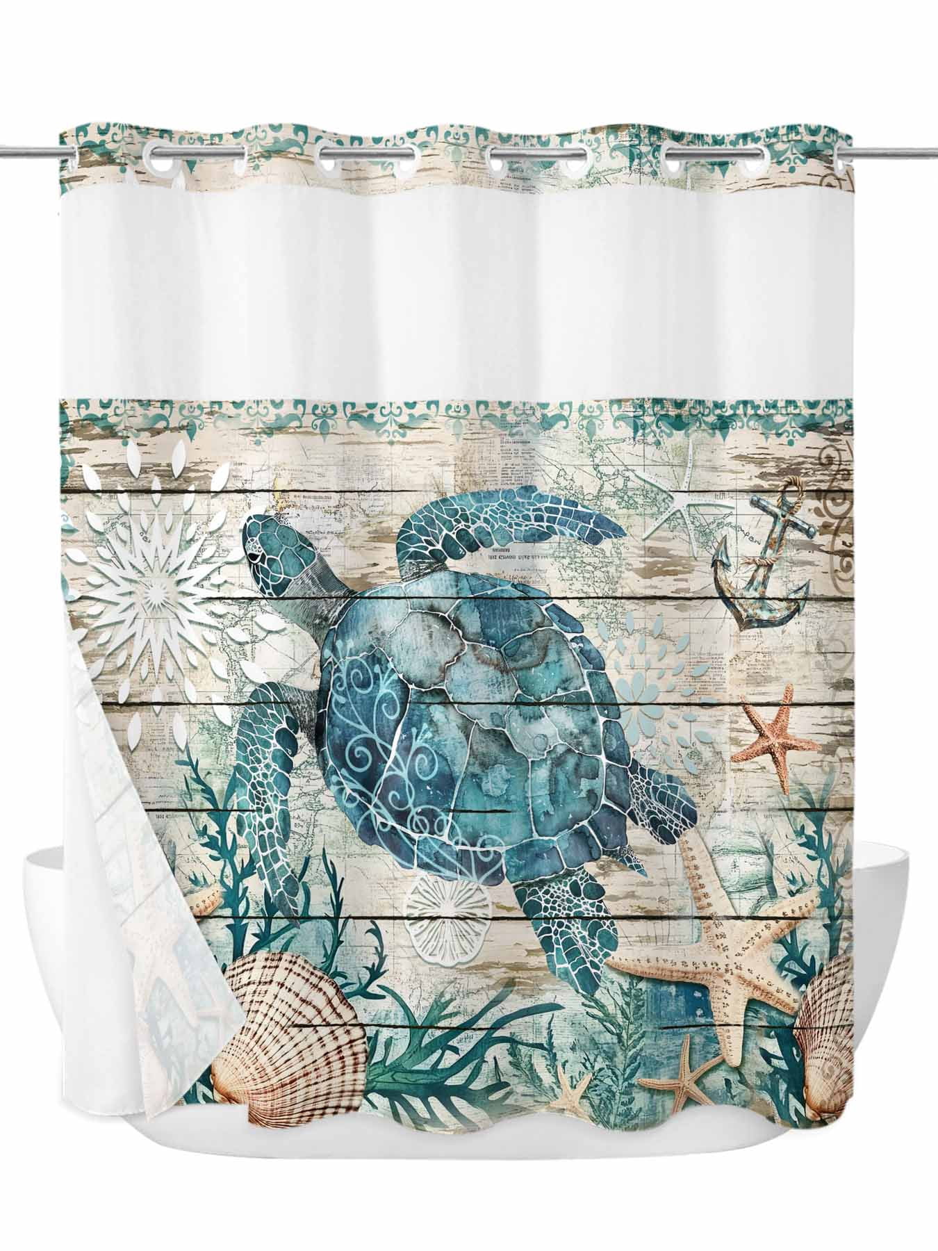 Ocean Turtle No Hook Shower Curtain and Liner Set Retro Coral Starfish ...