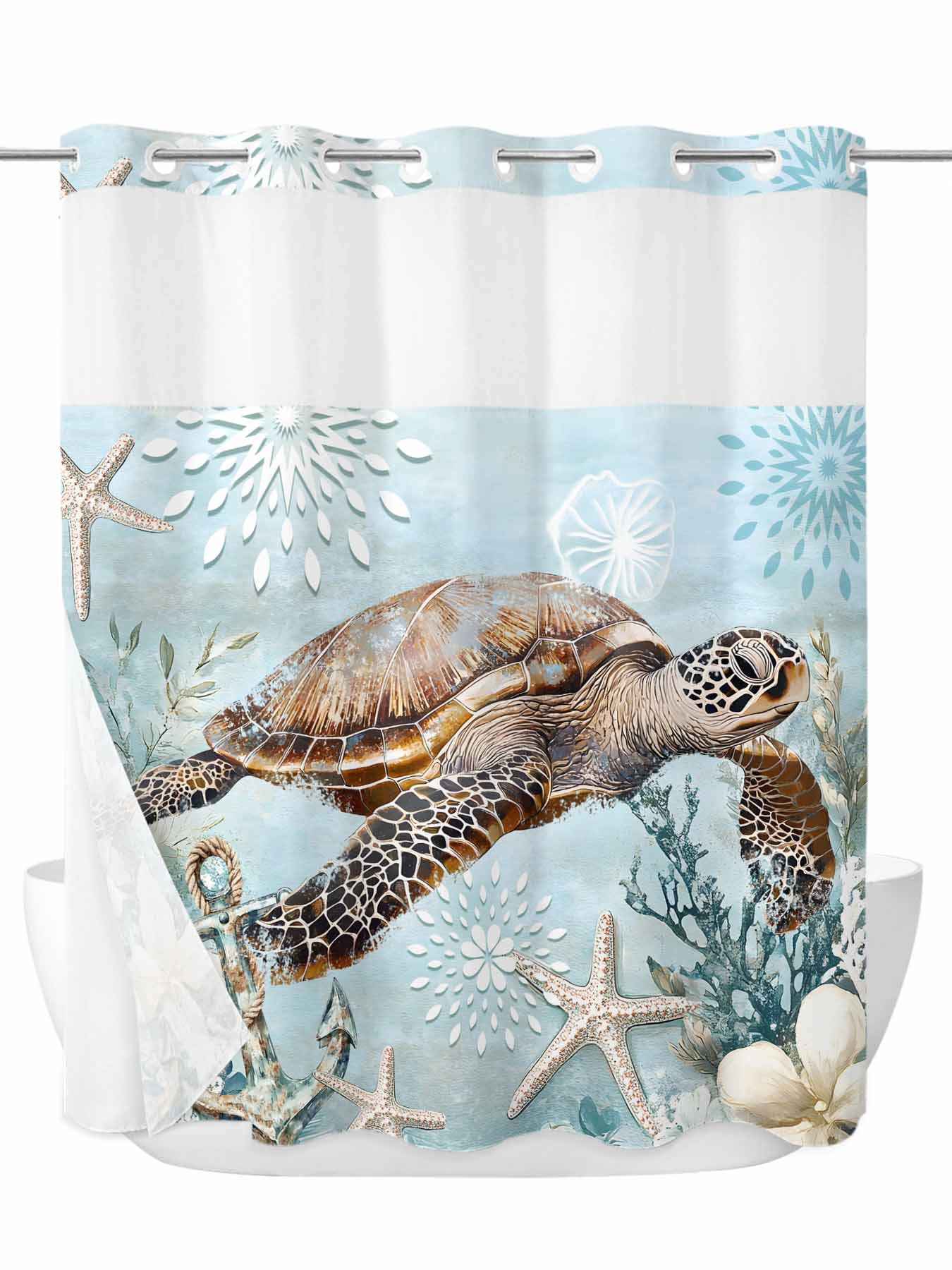Ocean Turtle No Hook Shower Curtain and Liner Set Retro Marine Life ...