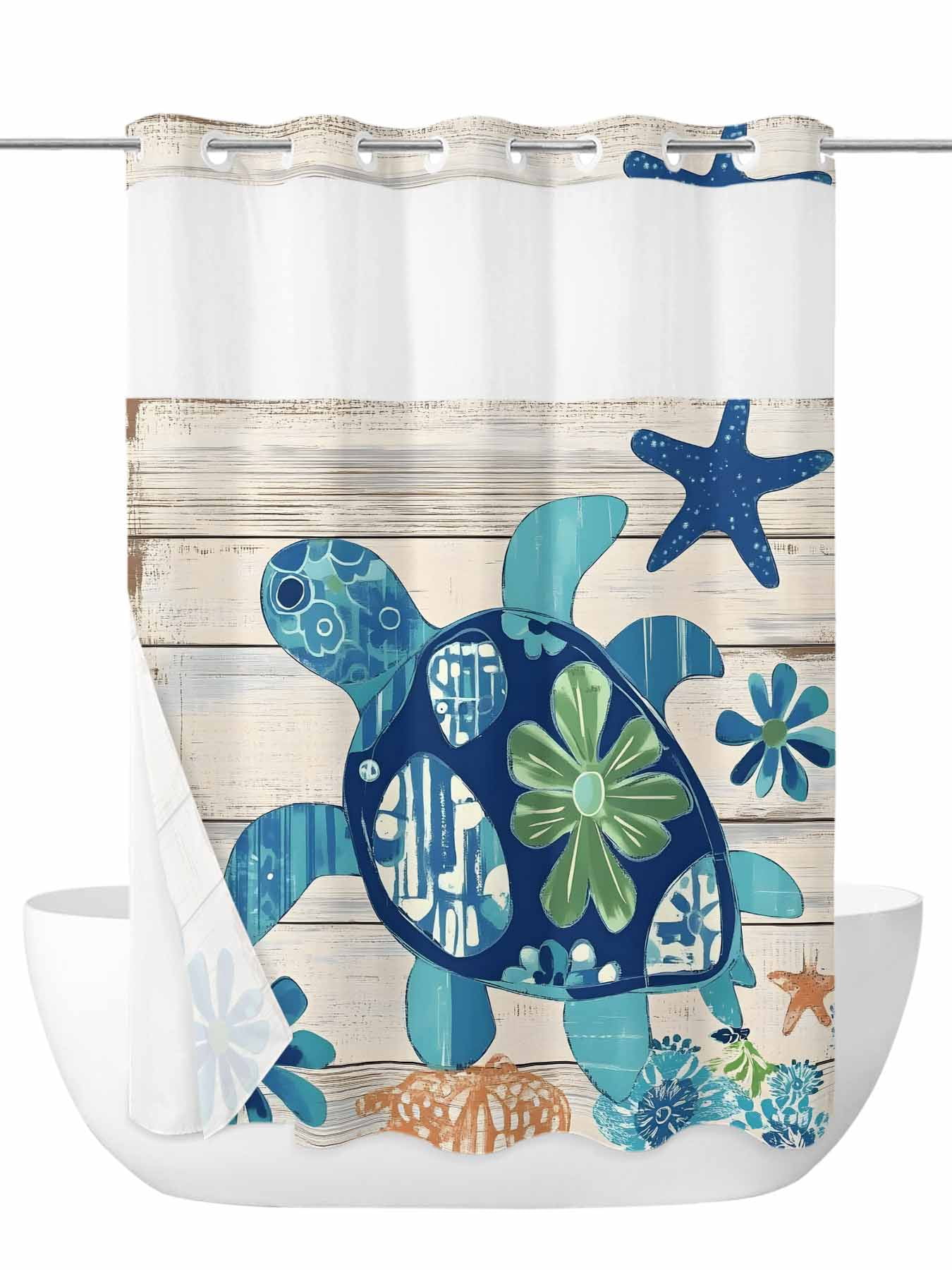 Ocean Turtle No Hook Shower Curtain and Liner Set Sea Animals Rustic ...