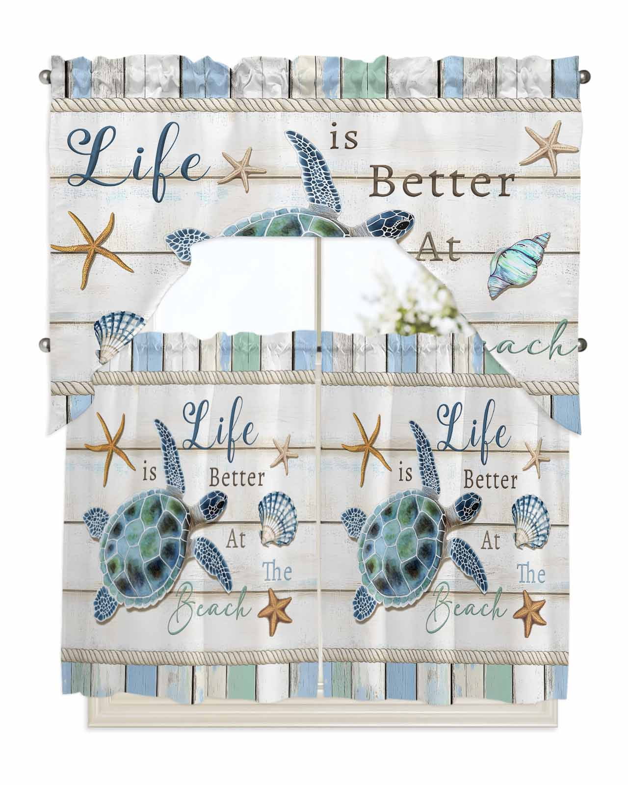 Ocean Turtle Kitchen Curtain and Valance Set 3 Pieces,Rod Pocket Short ...