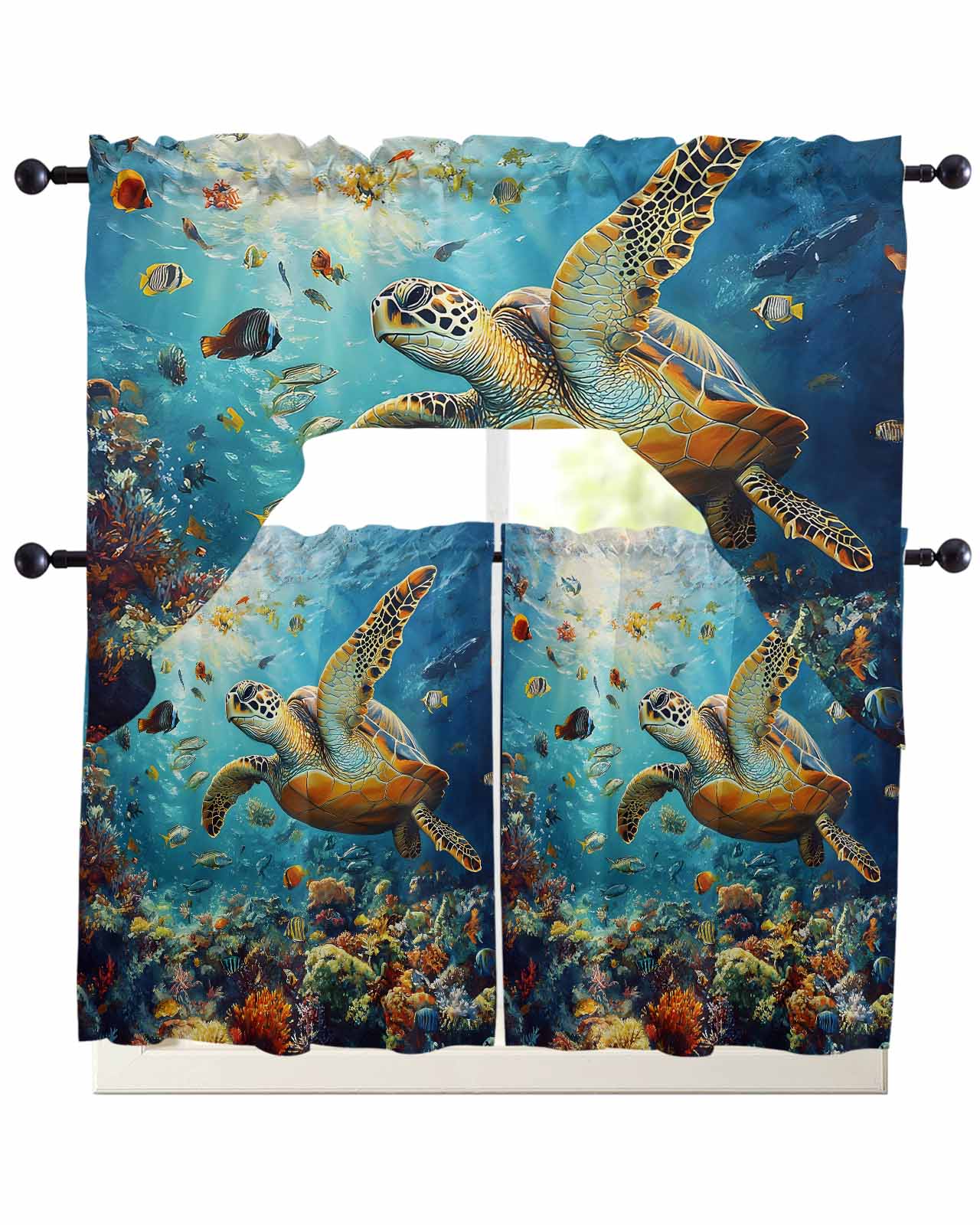 Ocean Turtle Kitchen Curtains Swag Valance and Tier Curtains Set 24 ...