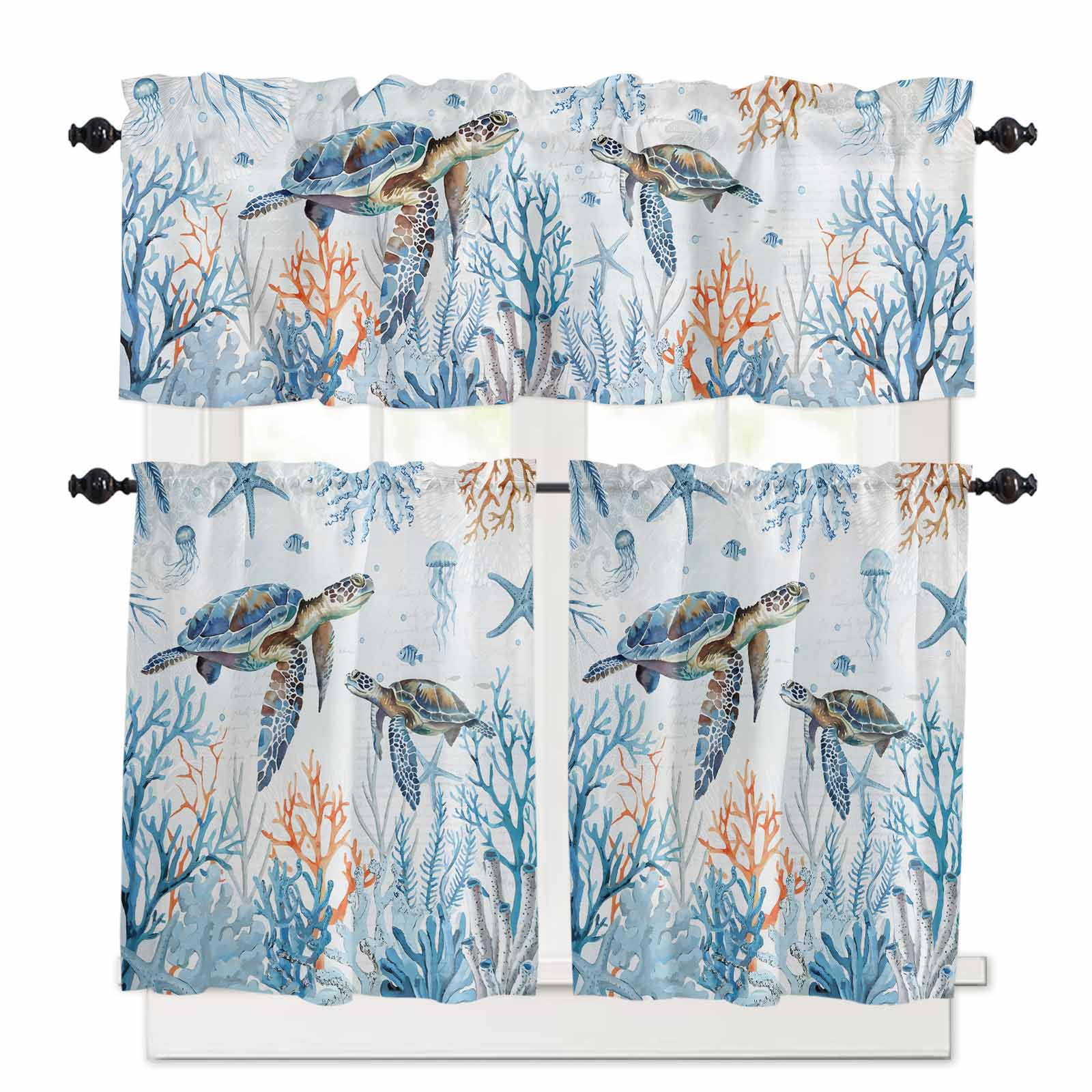 Ocean Turtle Kitchen Curtains and Valances Set, 3 Piece Kitchen ...