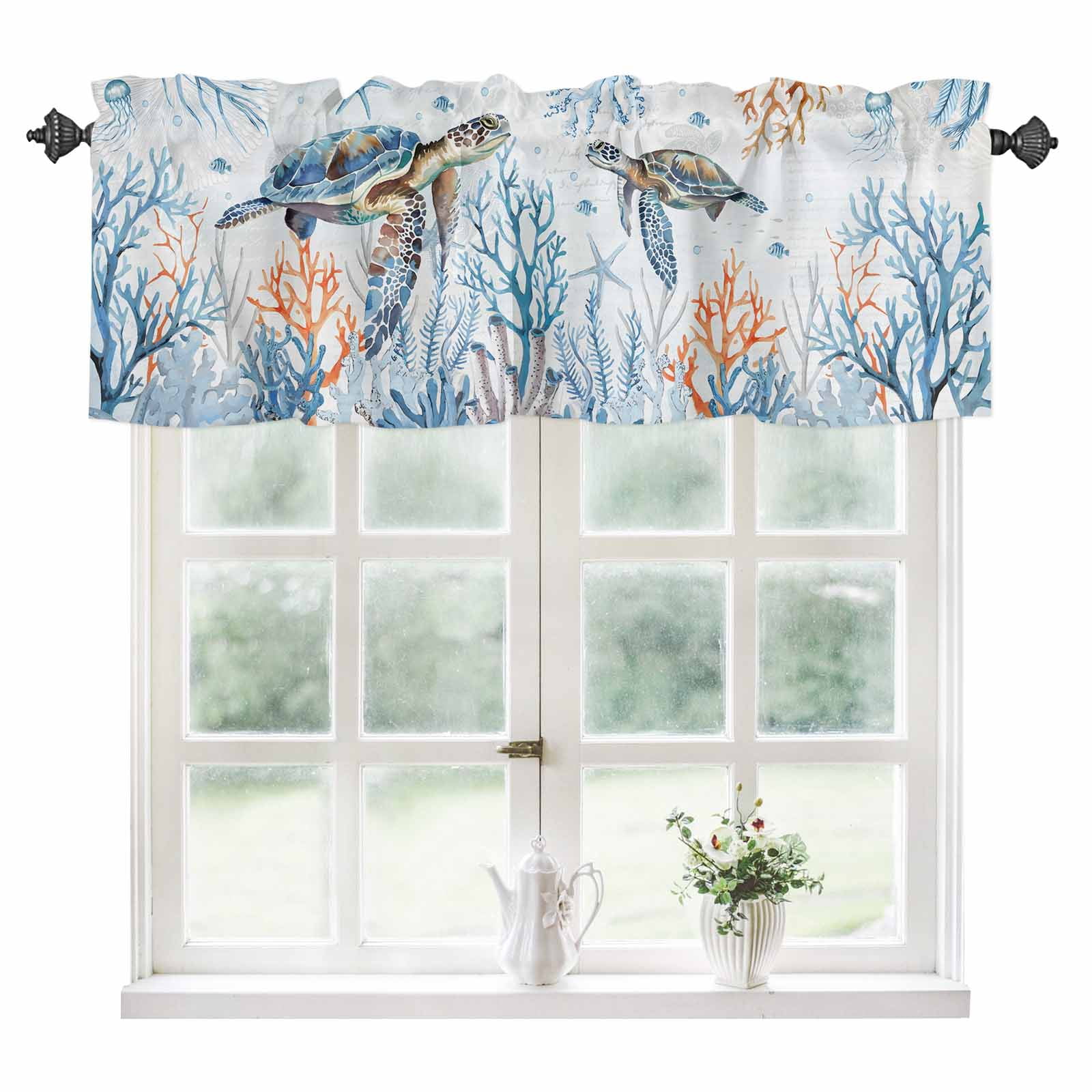 Ocean Turtle Kitchen Valances for Windows 42x12 Inch Kitchen Curtains ...
