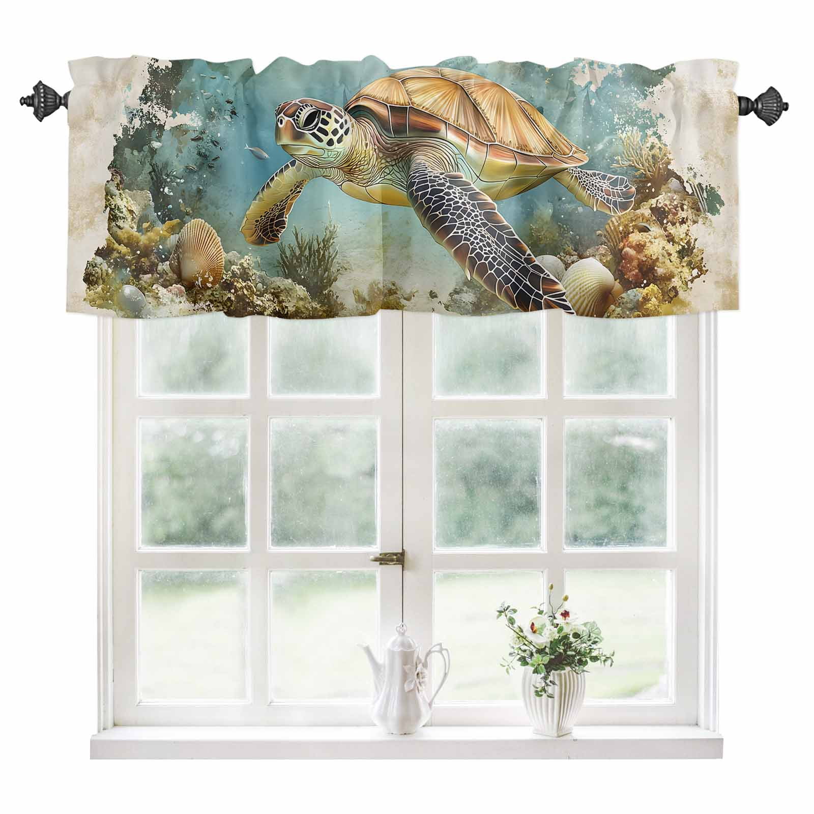 Ocean Turtle Kitchen Valances for Windows 42x12 Inch Kitchen Curtains ...