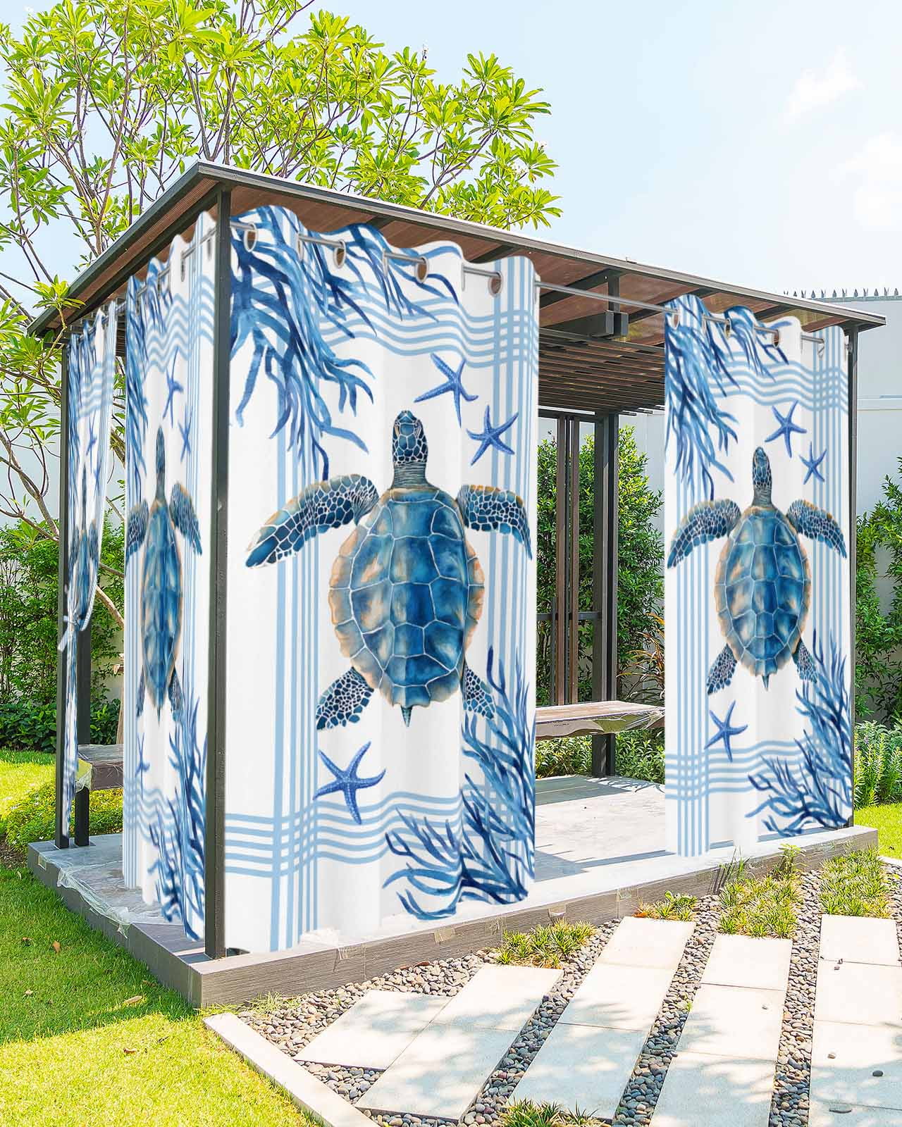 Ocean Turtle Outdoor Curtains for Patio Waterproof,Blue Coastal ...