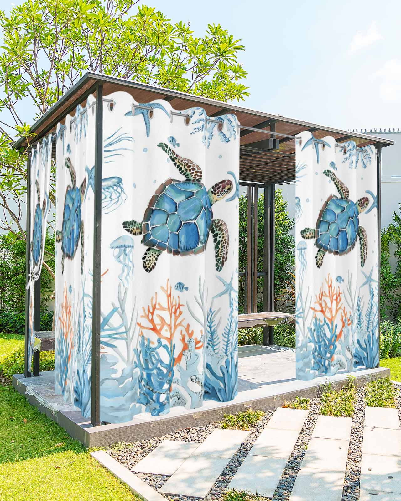 Ocean Turtle Outdoor Curtains for Patio Waterproof, Blue Summer ...