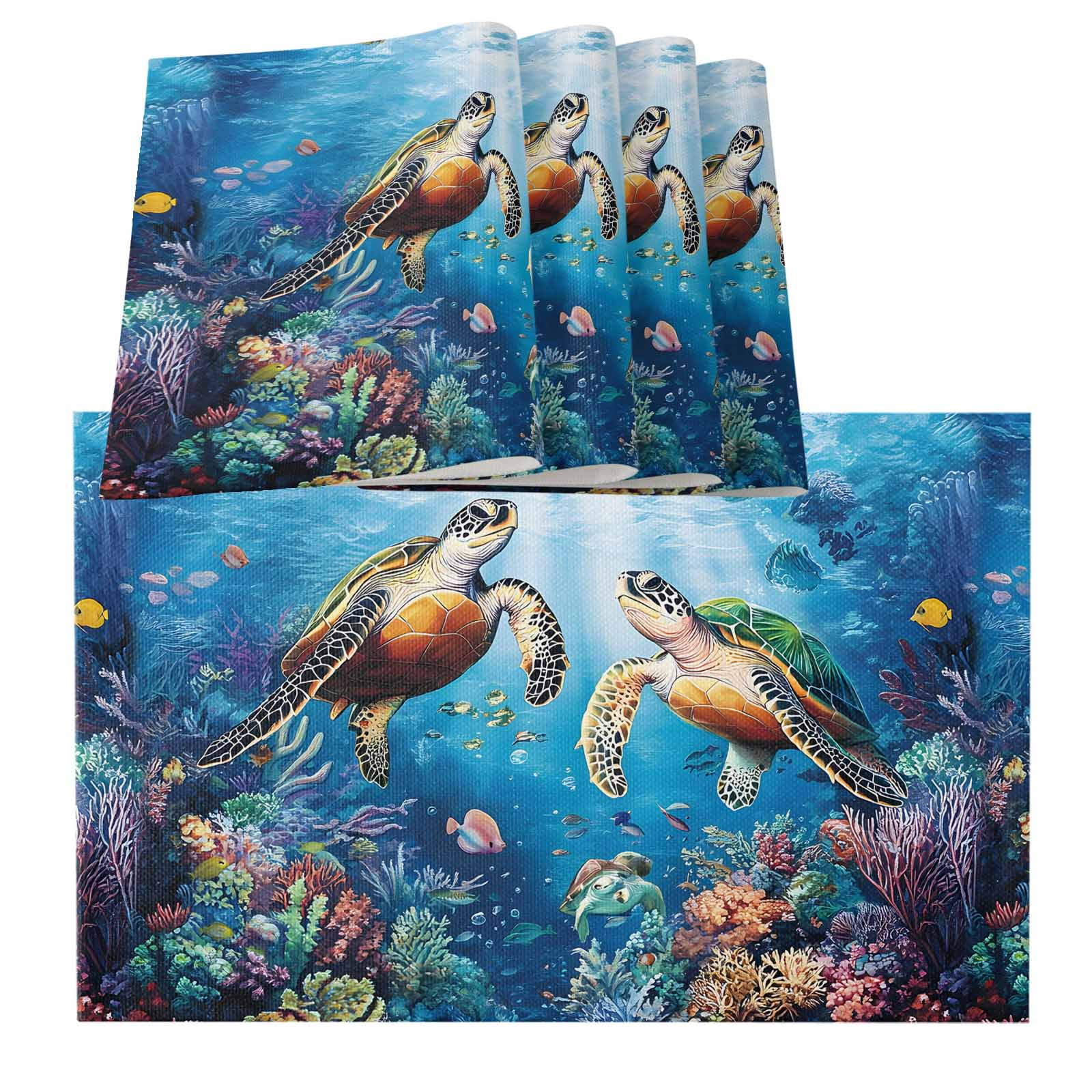 Ocean Turtle Placemats for Dinning Table Set of 6, Sea Coral Underwater ...