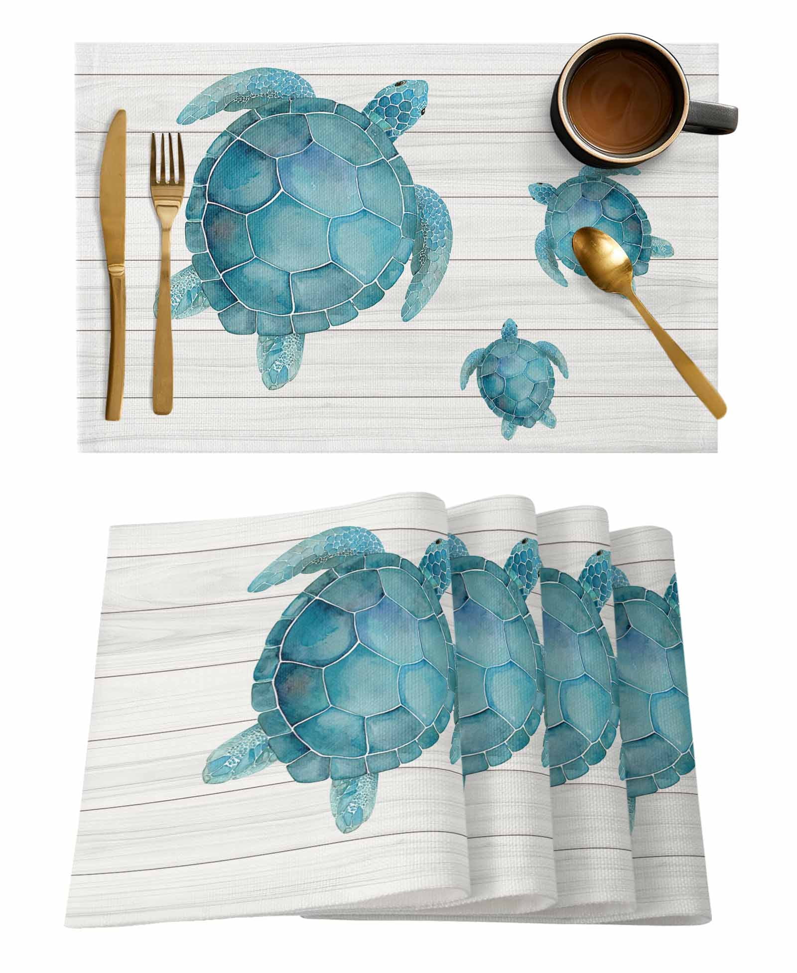 Ocean Turtle Placemats Set of 12 Animals Abstract Watercolor Wood Grain ...