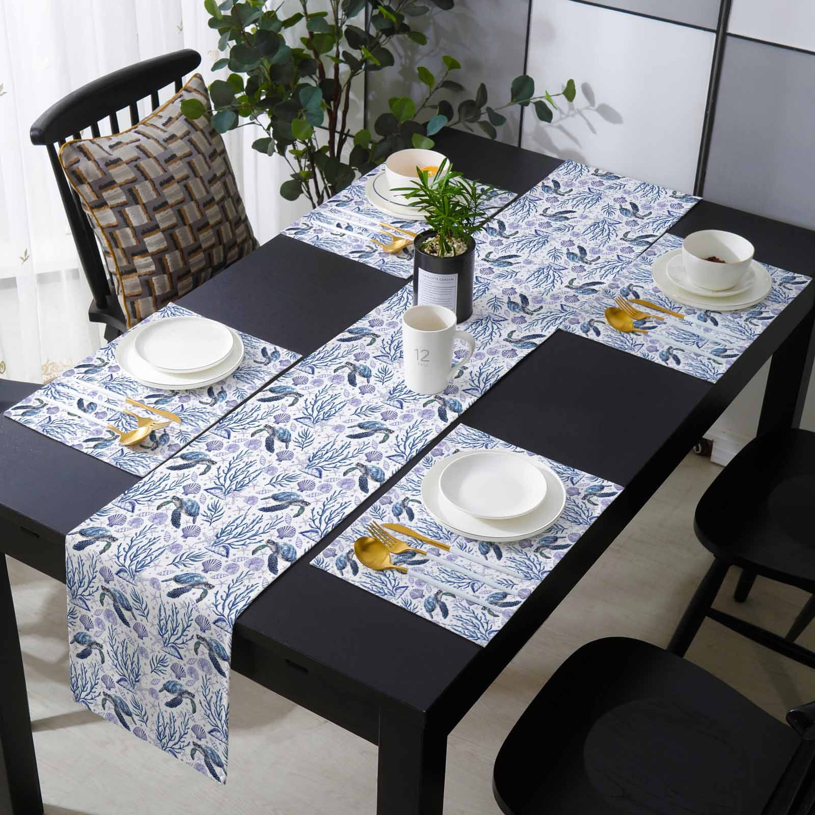 Ocean Turtle Placemats Set of 4 with 70 Inches Long Table Runners,Blue ...