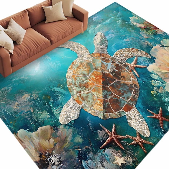 Ocean Turtle Rectangle Area Rug 8x10 ft Marine Life Retro Starfish ...