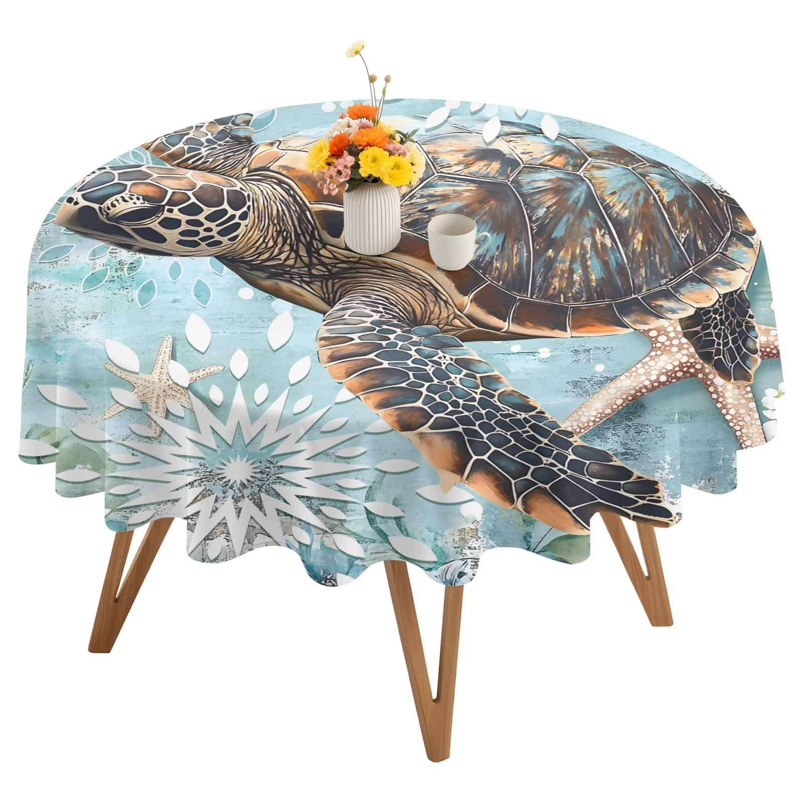 Ocean Turtle Round Tablecloth 60 inches Nautical Retro Beige Starfish ...