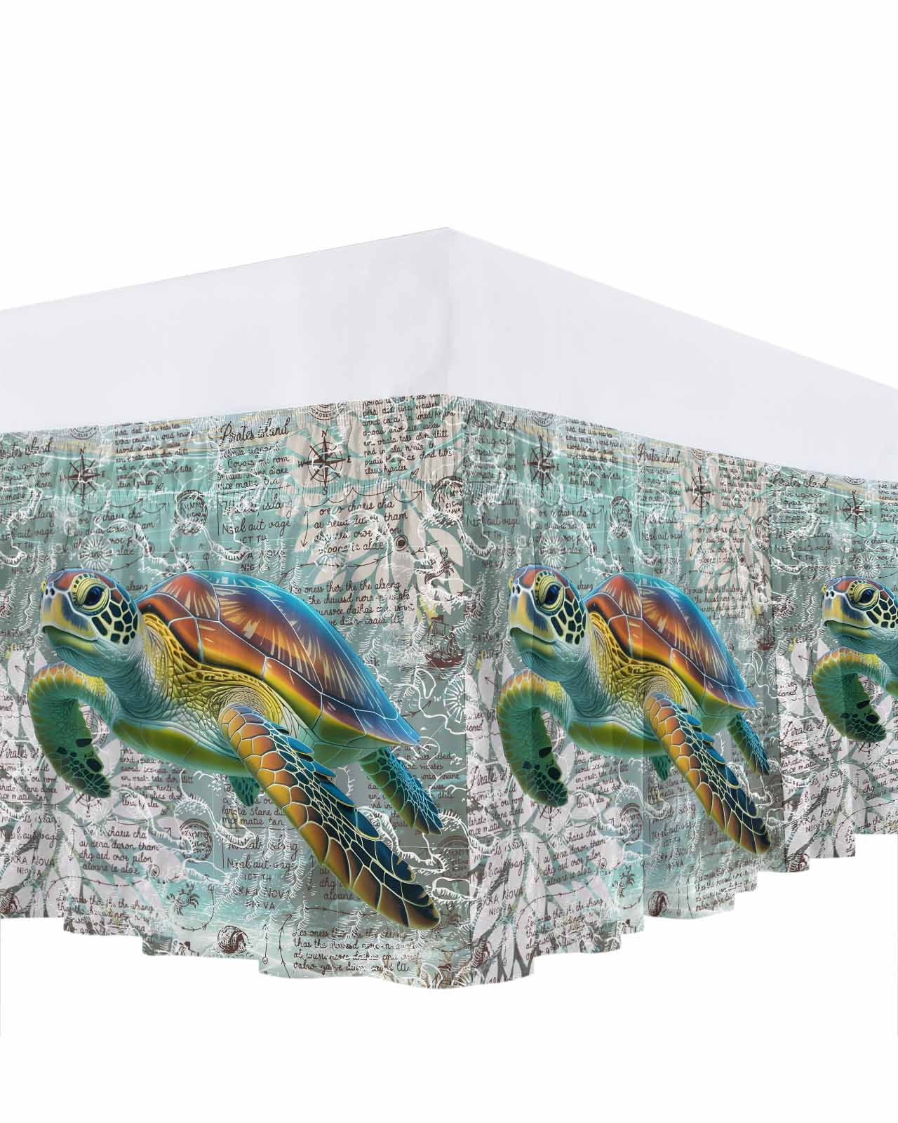 Ocean Turtle Ruffle Bed Skirt King Size Nautical Retro Illustration Map ...