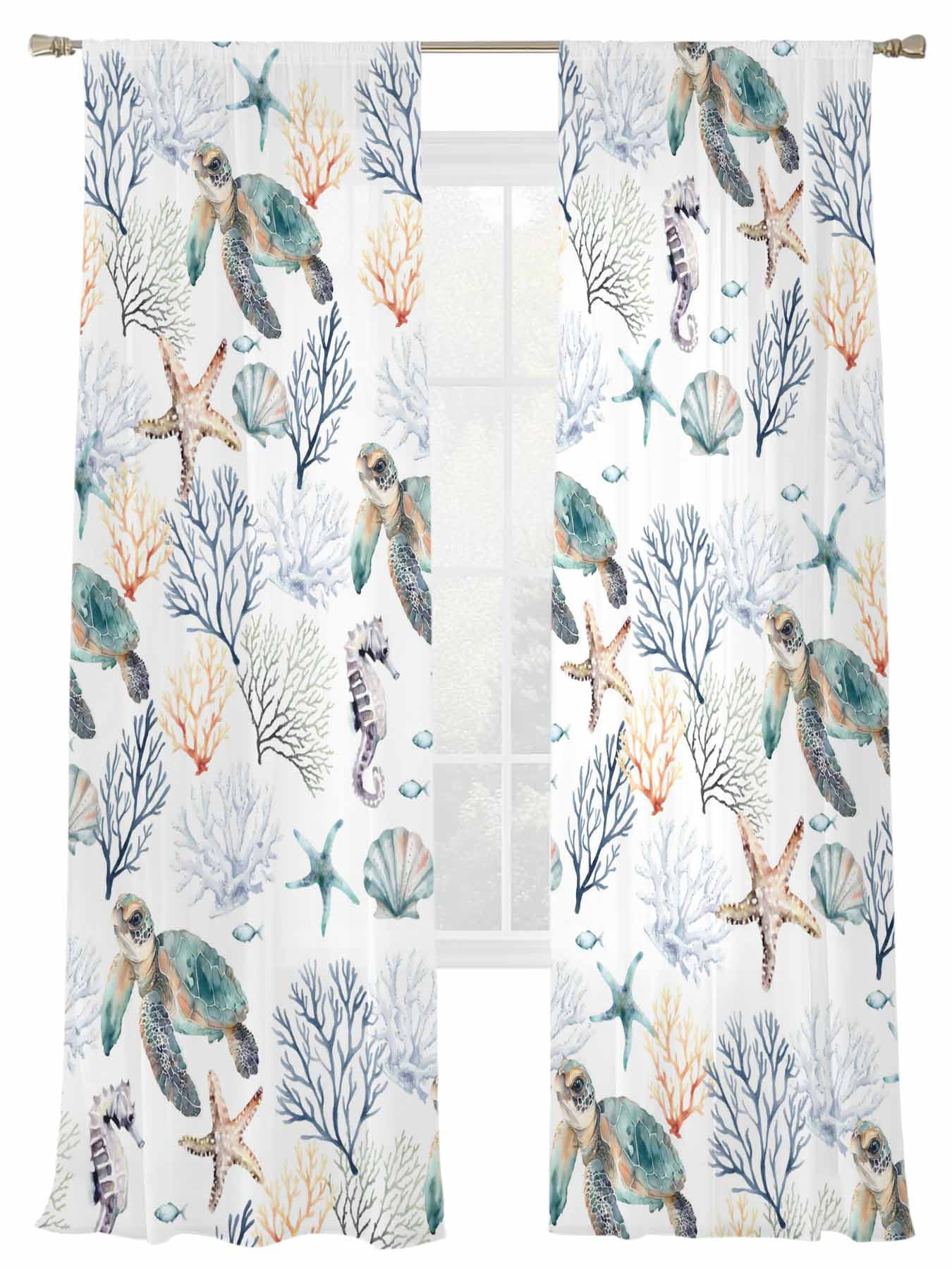 Ocean Turtle Sheer Curtains 2 Panels Set Watercolor Summer Blue Green ...