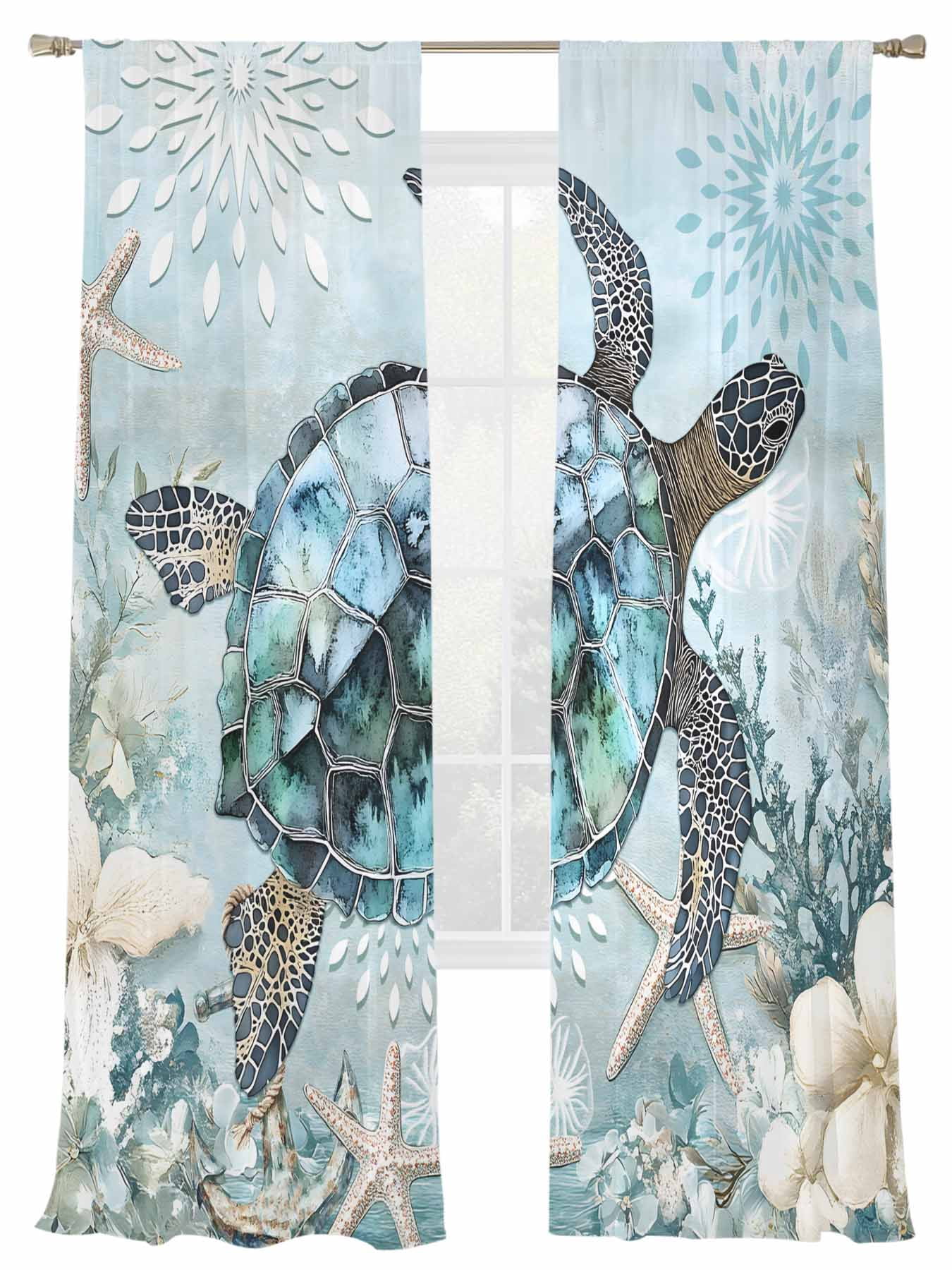 Ocean Turtle Sheer Curtains 96 Inch Long 2 Panels, Marine Life Starfish ...