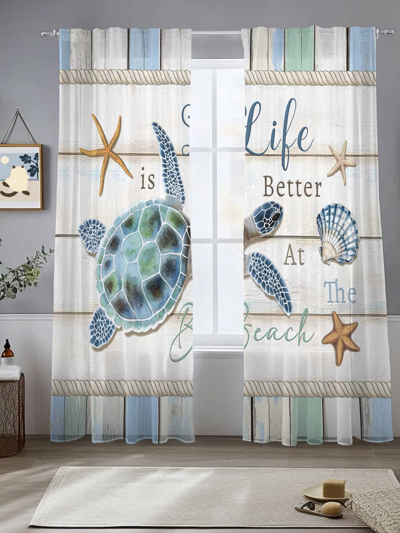 Ocean Turtle Sheer Curtains for Living Room Bedroom Blue Starfish Shell ...