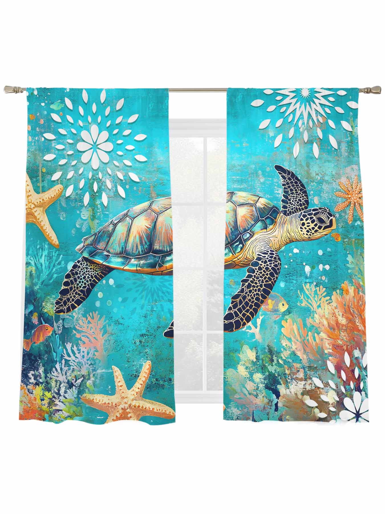 Ocean Turtle Sheer Curtains for Living Room Bedroom, Light-filtering ...