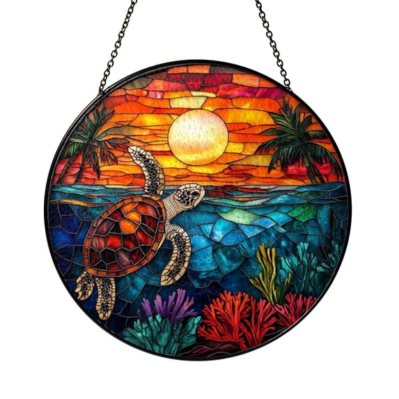 Ocean Turtle Silhouette Stained Glass Style Window Decor, Nautical ...