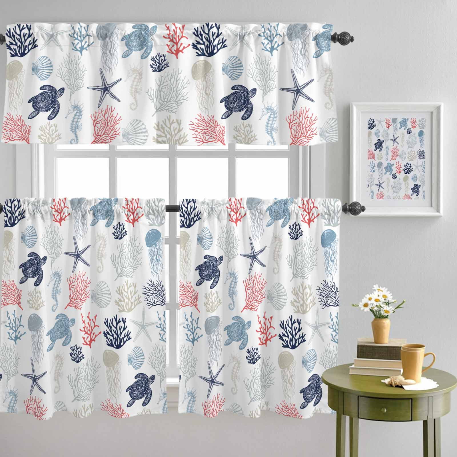 Ocean Turtle Starfish Red Coral Curtain Tier and Valance Set 3 Piece ...