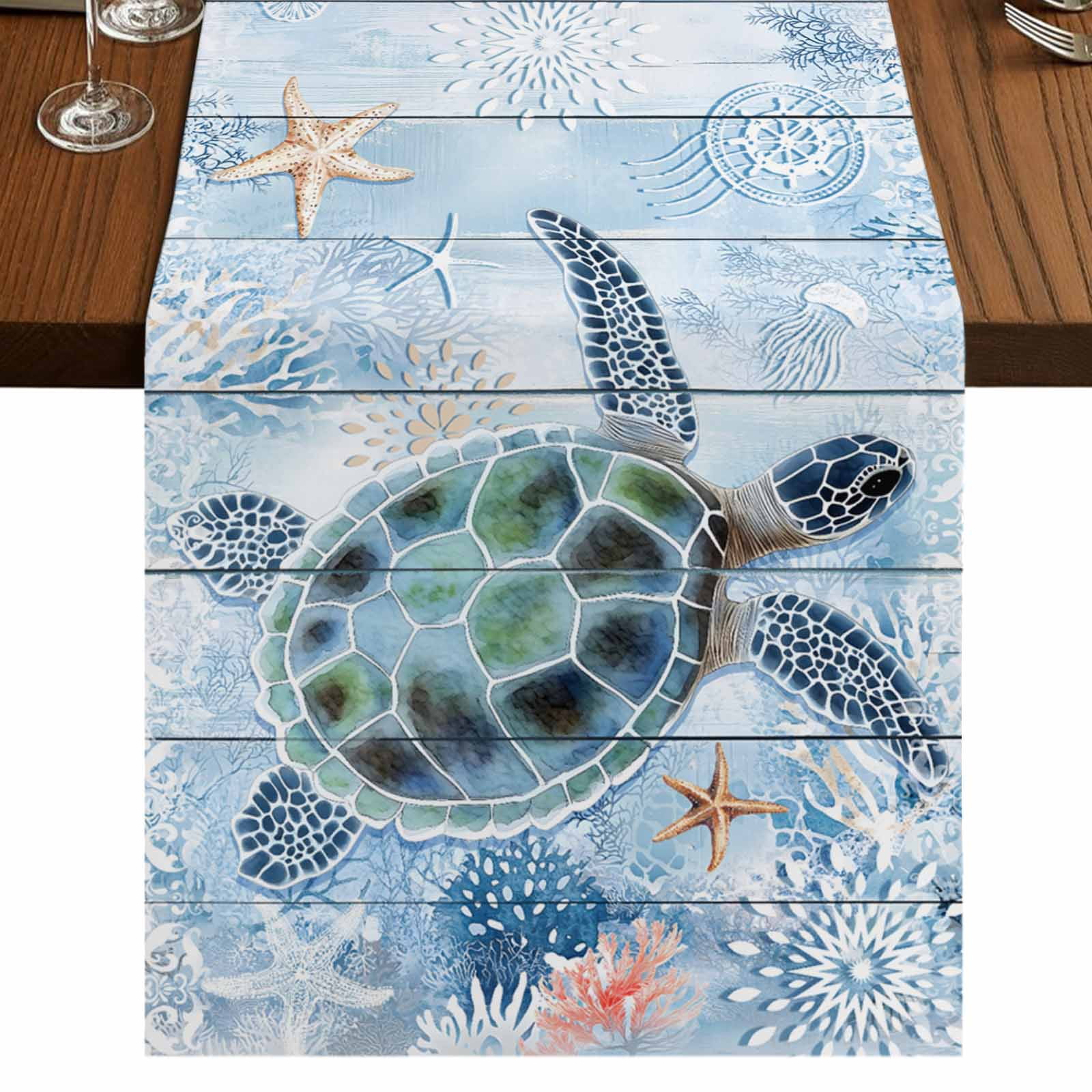 Ocean Turtle Table Runner 120 Inches Long,Blue Coral Coastal Starfish ...