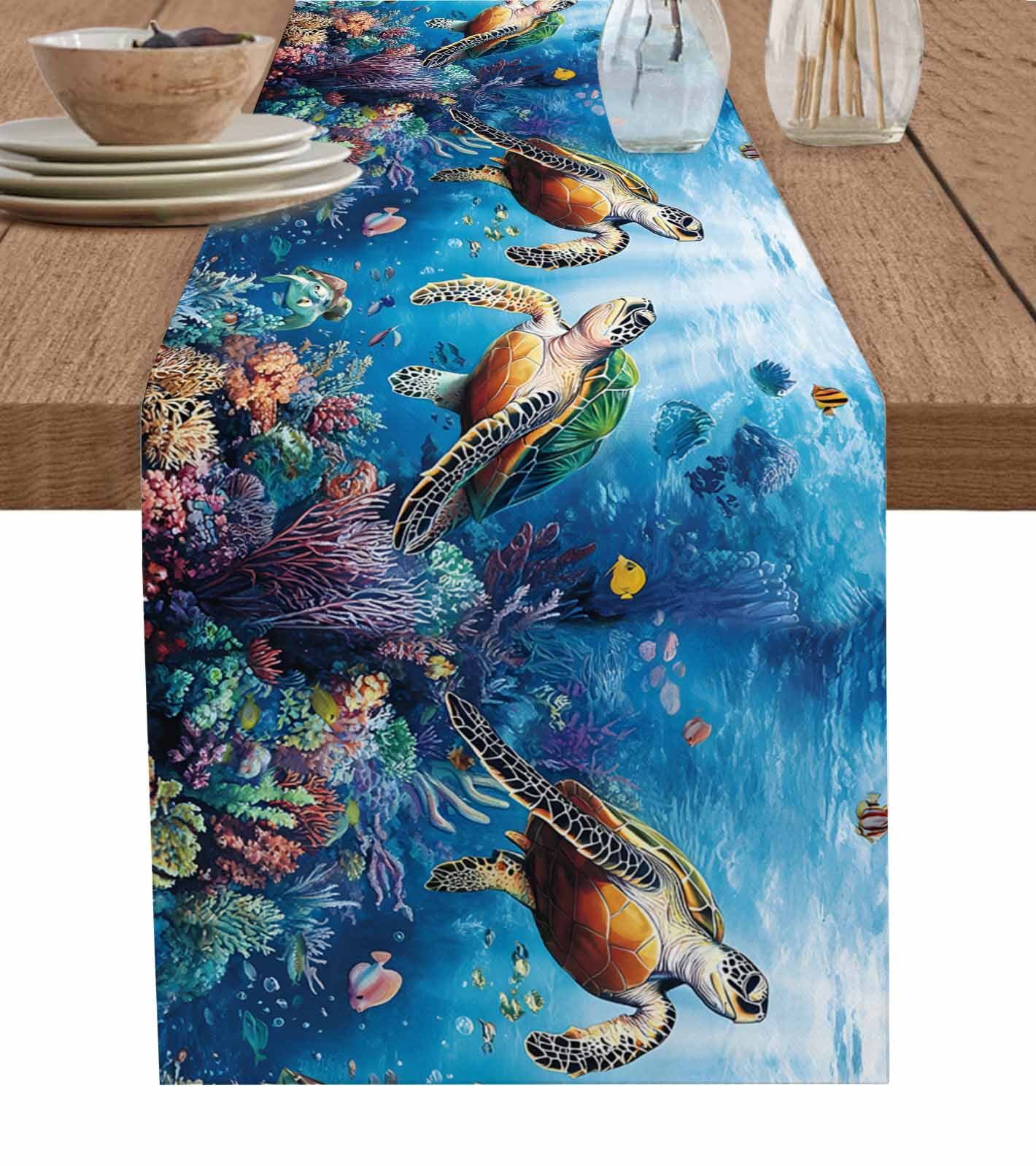 Ocean Turtle Table Runner 36 Inches, Sea Coral Underwater Animal Fish ...