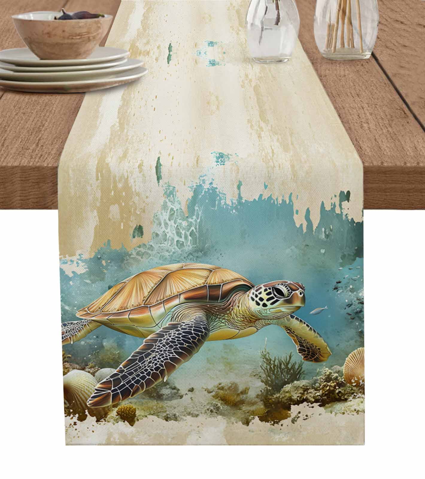 Ocean Turtle Table Runner 72 Inches, Coastal Coral Illustration Retro ...