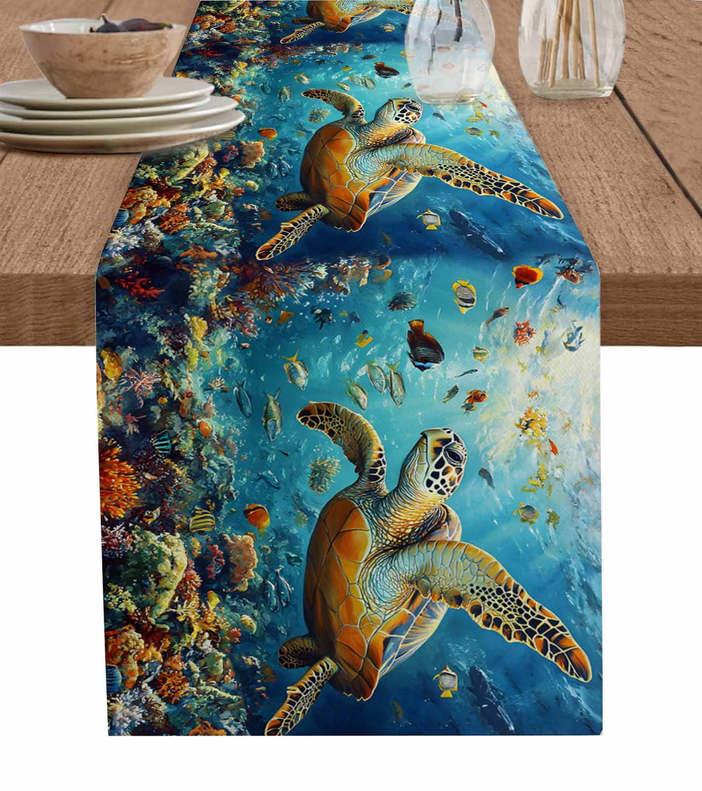 Ocean Turtle Table Runner 72 Inches, Summer Beach Underwater Coral Fish ...