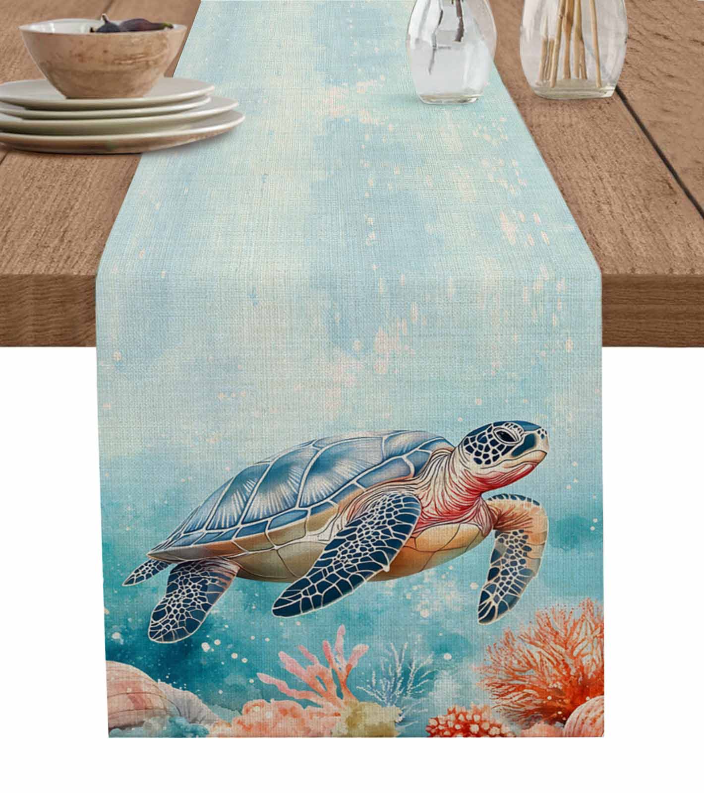 Ocean Turtle Table Runner 90 Inches, Coastal Blue Coral Starfish Shell ...